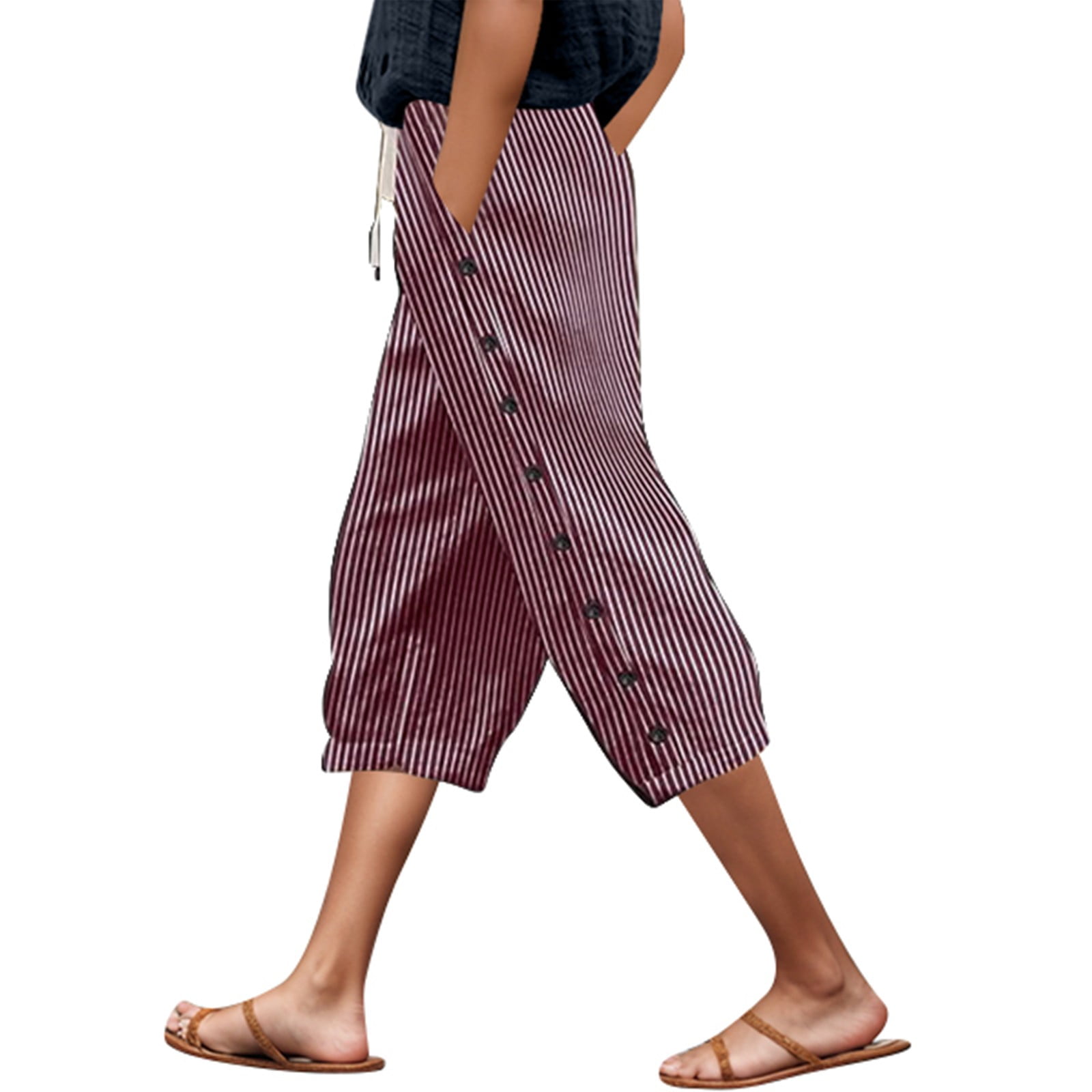 Zszcpp Summer Capri Pants For Women 2025 Striped Tie Waist Side Button ...