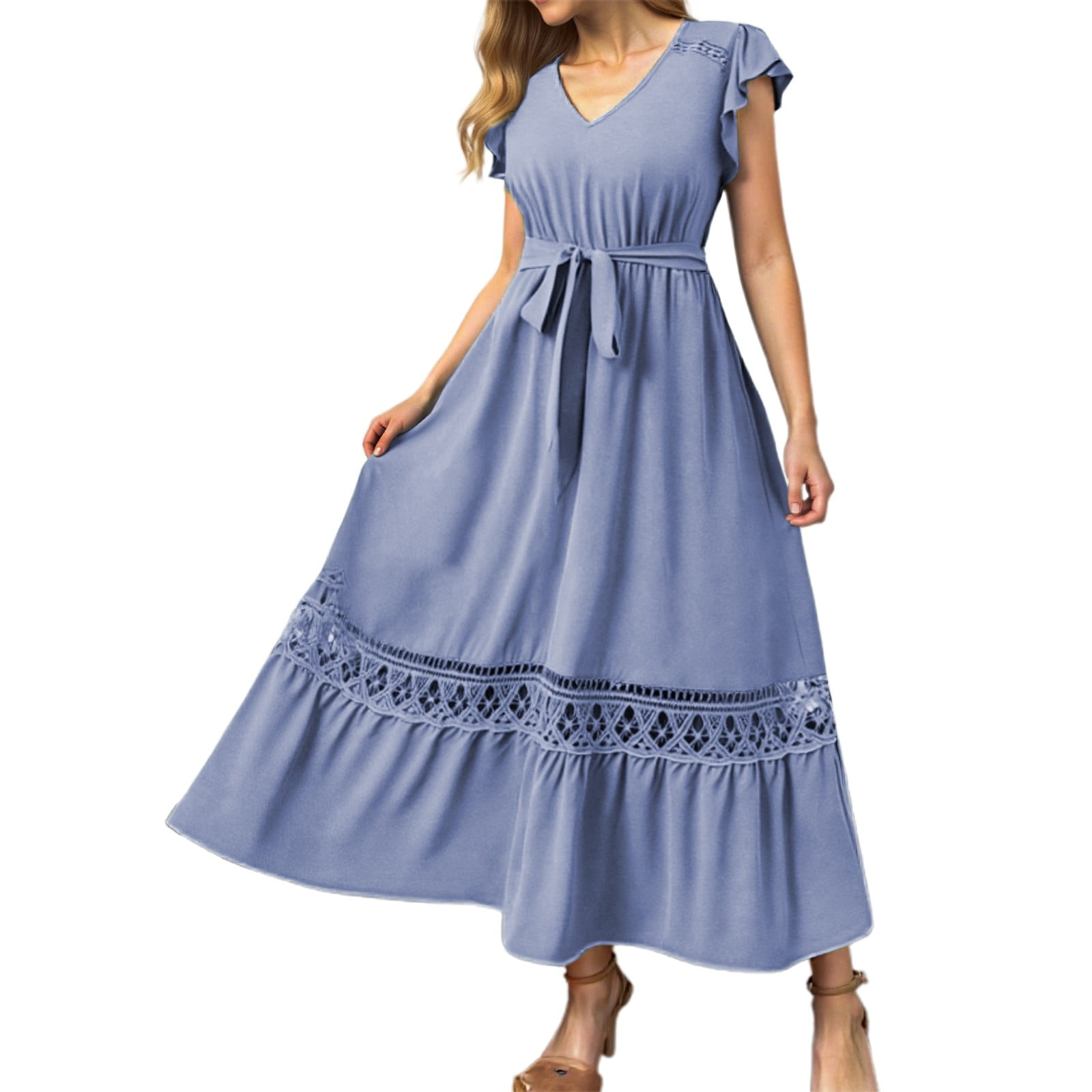 Zszcpp Summer Dresses For Women 2025 Comfortable Swing Maxi Dresses Pure Color Lace Trim ...