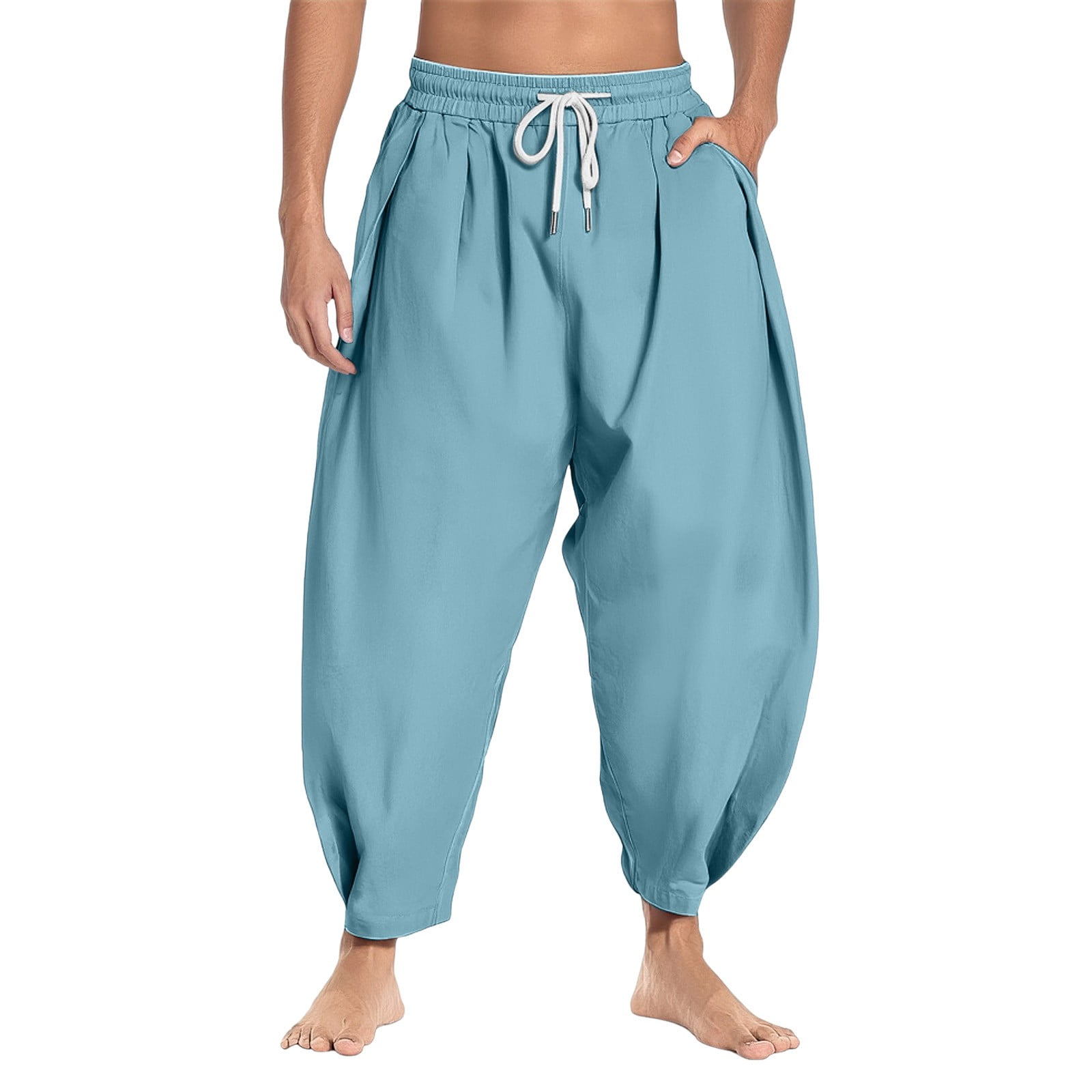 Zszcpp Summer Pants For Mens 2025 Solid Woven Wide Leg Pleated Pocket Drawstring Basic Style ...