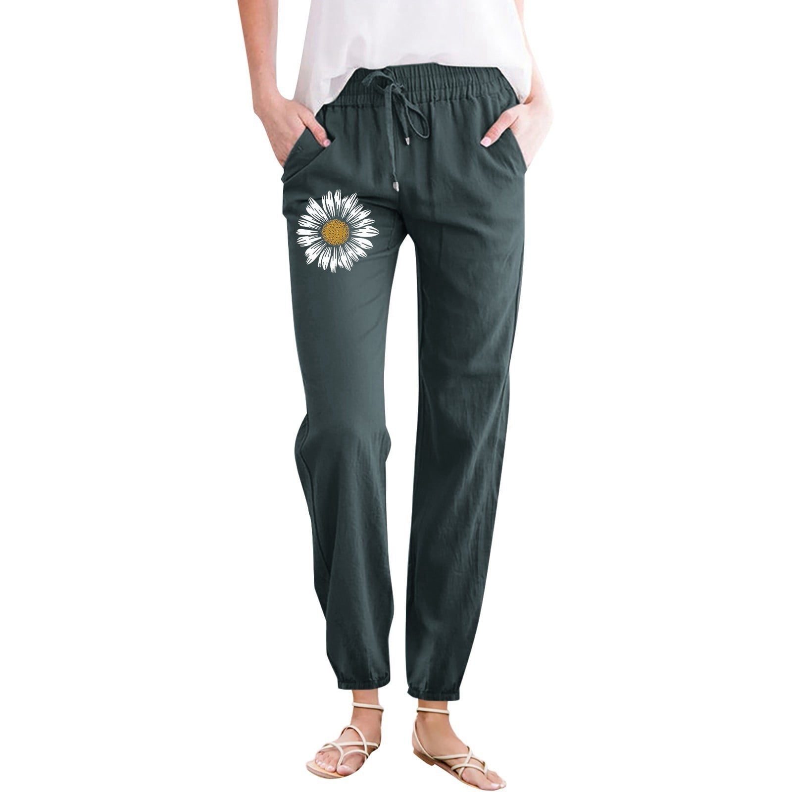Zszcpp Summer Pants For Womens 2025 Long Pocket Floral Drawstring Thin ...