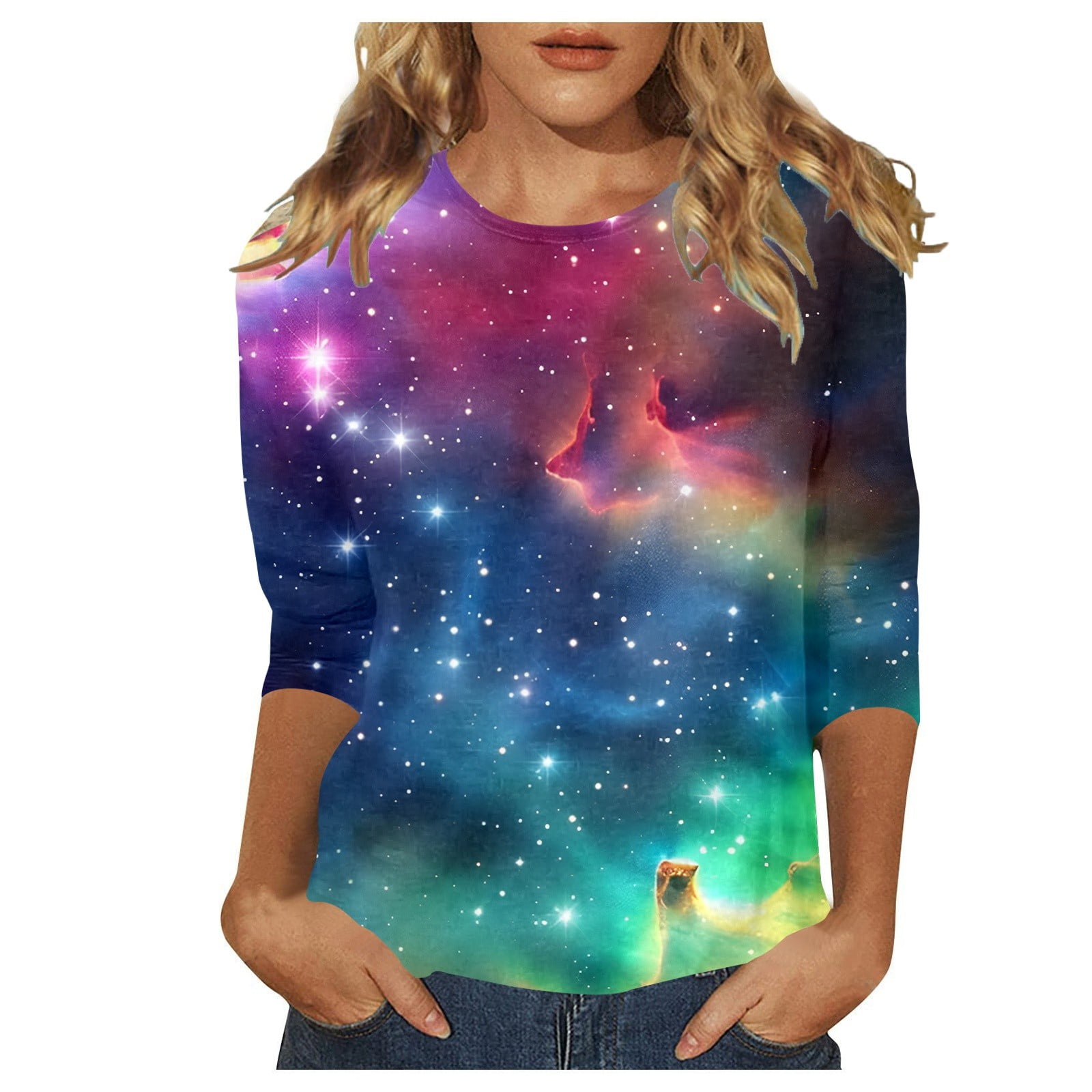 Zszcpp Summer Tops For Women 2025 Baggy Starry Sky Galaxy Print Comfort ...