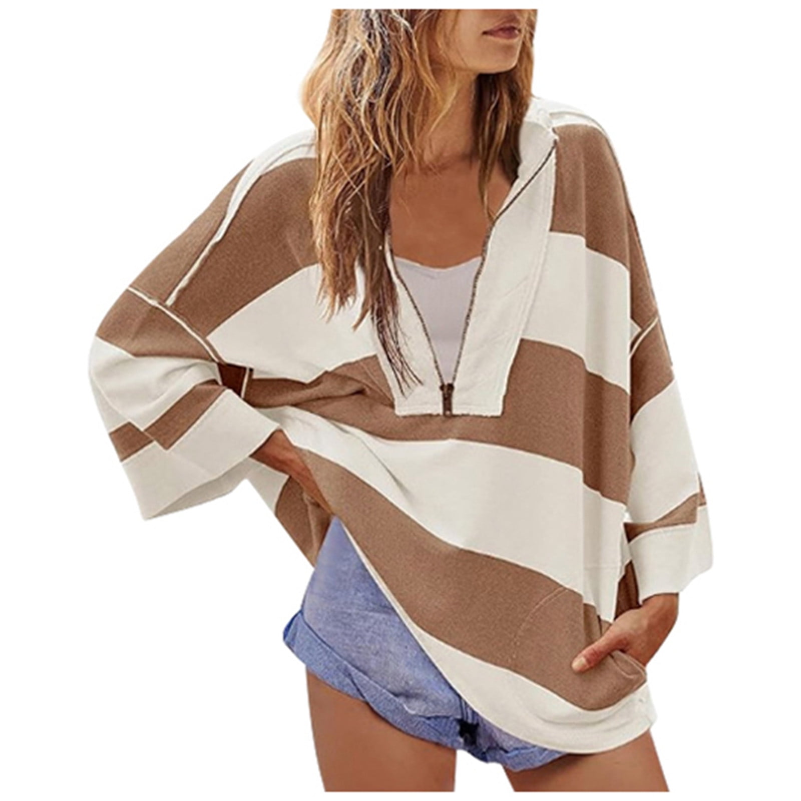 Zszcpp T Shirts For Women Graphic Simplistic Brief Style Color Block Zip Up Long Sleeve Relaxed ...