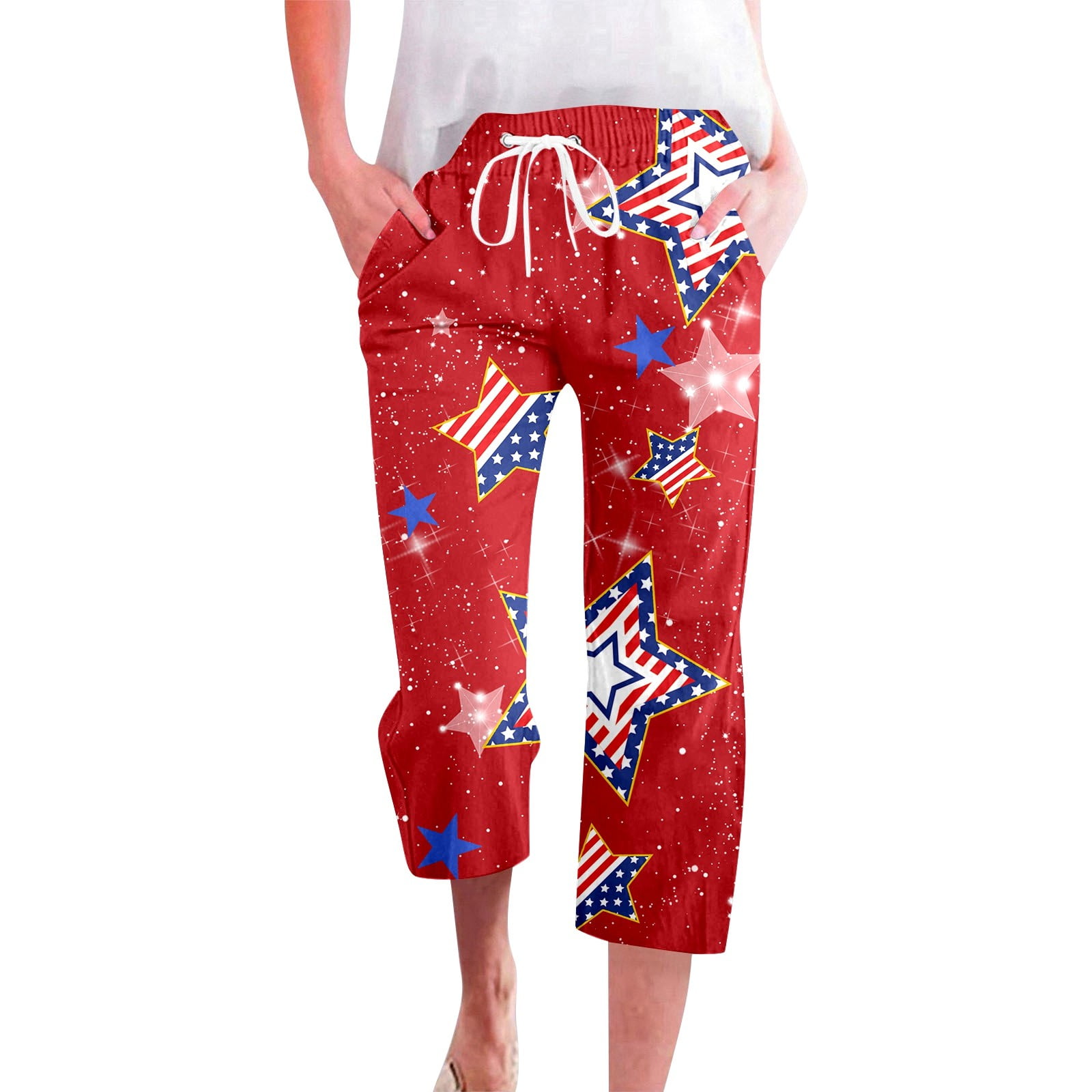 Zszcpp Womens Athletic Capri Pants Calf Length Flagged Star Closed Rope ...
