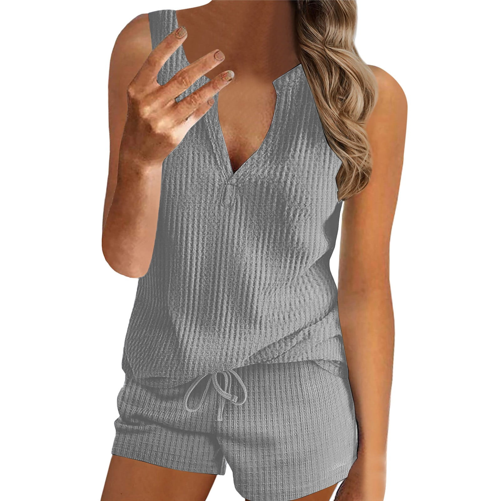 Zszcpp Young Adult Outfits Sets Women Shorts Set Waffles Solid Knitted ...