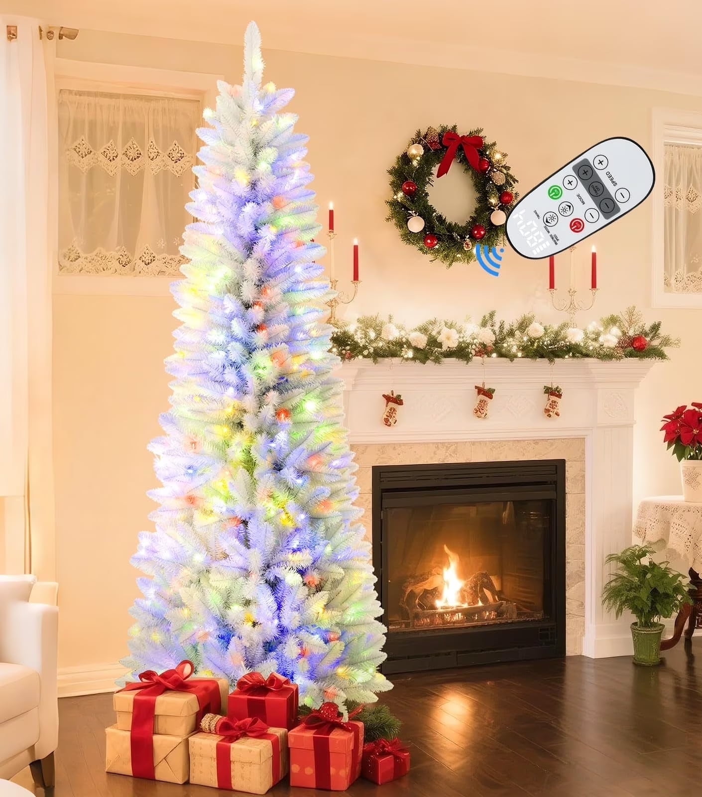 Ztotop 6.5ft Premium Pre-lit Artificial Hinged Slim Pencil Christmas ...