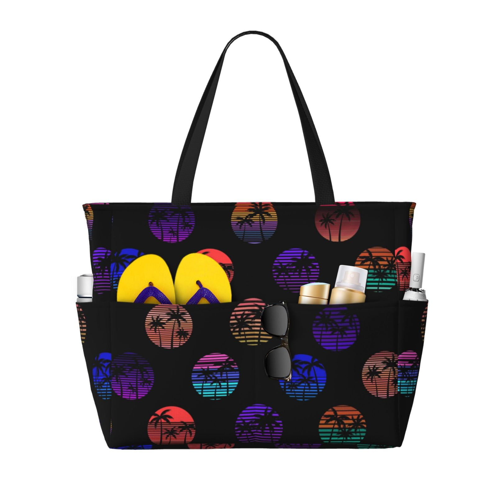 Zufioo 80s Style Palm Trees Print Large Capacity Beach Travel Bag, Zippered Pocket Foldable Hand ...