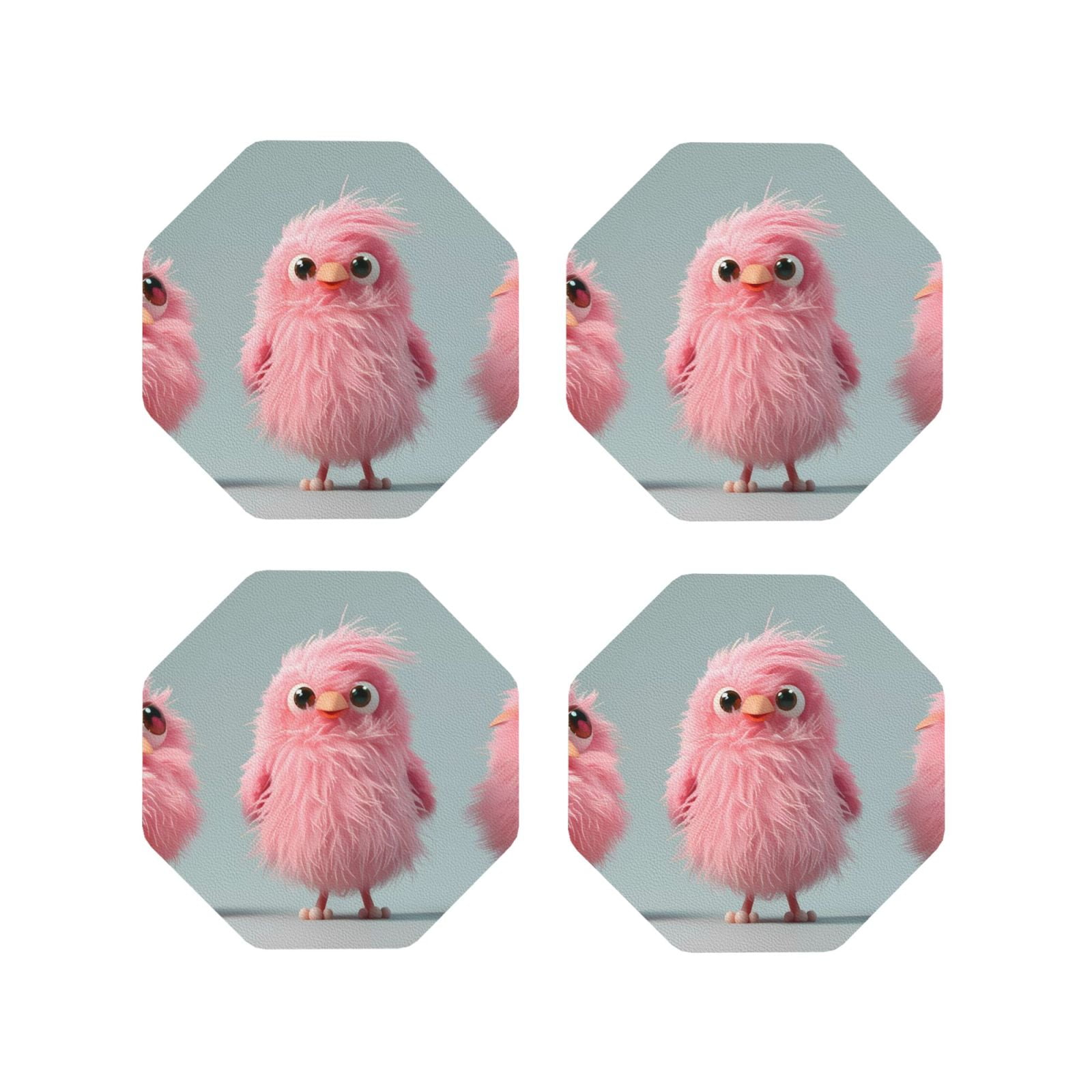 Zufioo Adorable Pink Fluffy Birds Print Leather Coaster Set, Decorative ...