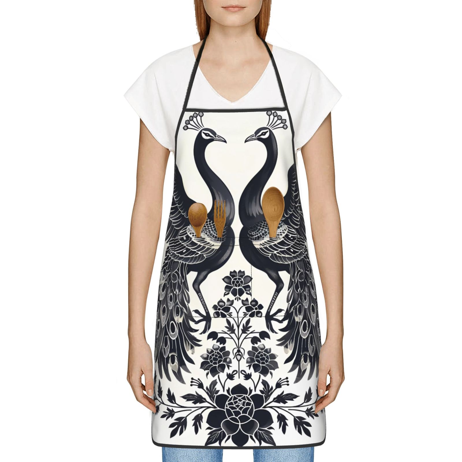 Zufioo Artistic Black White Peacocks for Lock Hem Apron with Pockets ...