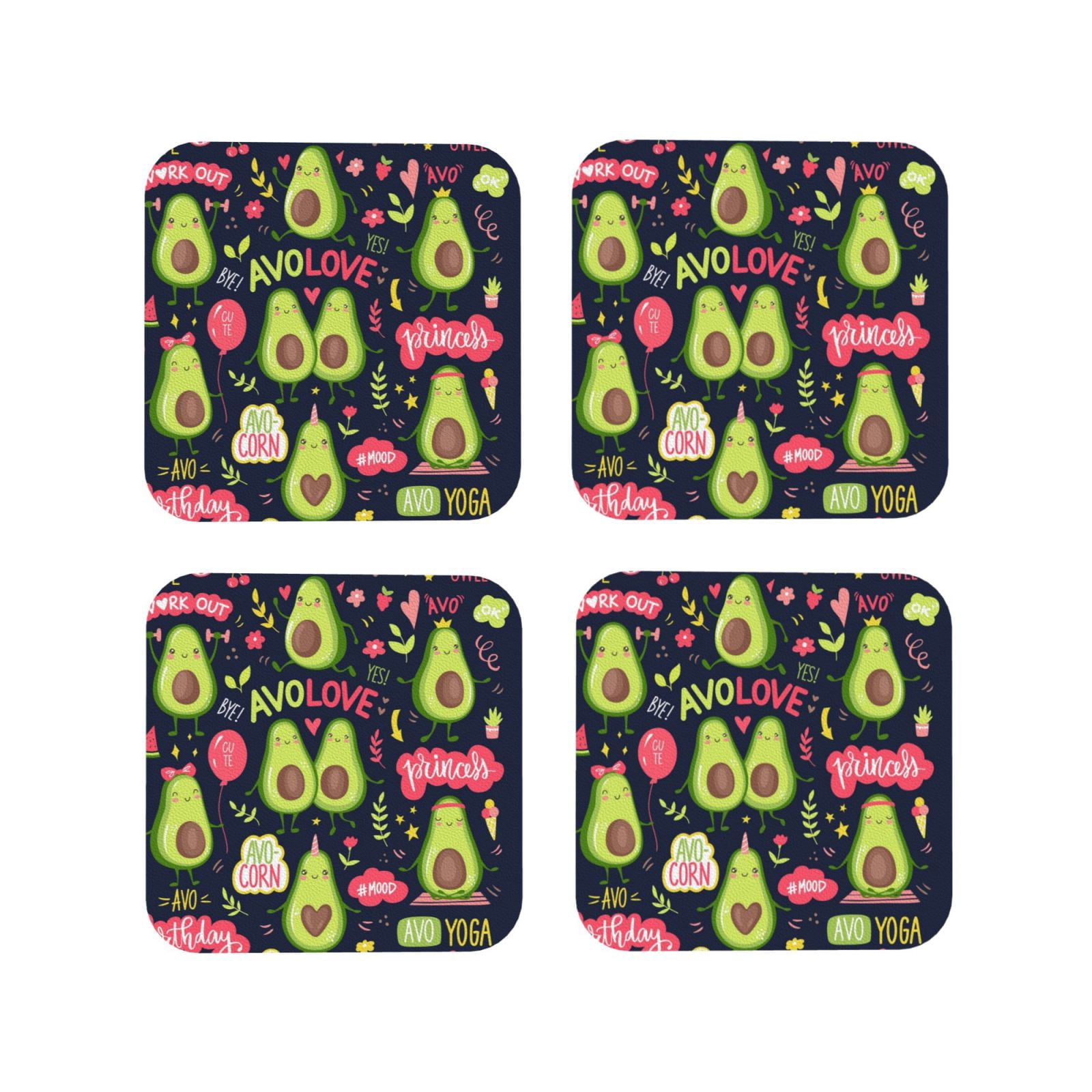 Zufioo Avocado Love Print Leather Coaster Set, Decorative PVC Coasters ...