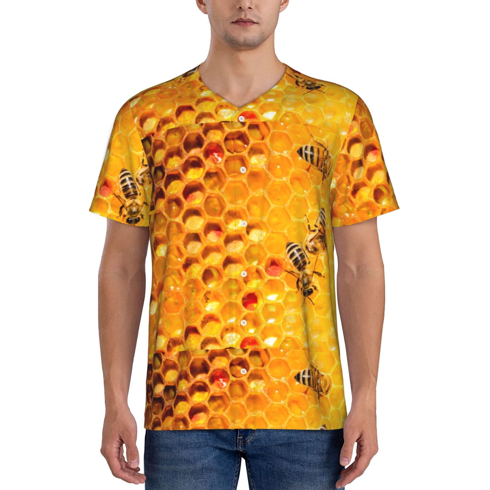 Zufioo Bees on Hive Honeycomb Print Men's Baseball Short Sleeve ...