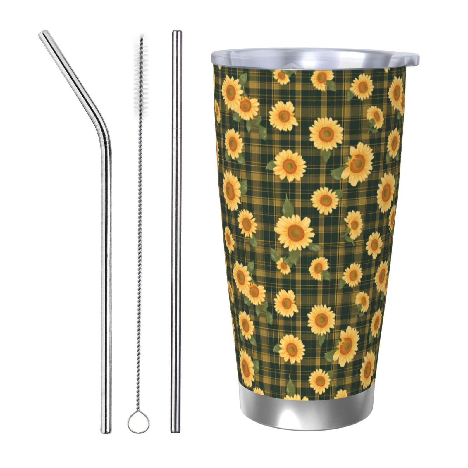 Zufioo Black Ink Green Plaid Sunflower Print 20OZ Stainless Steel Car ...