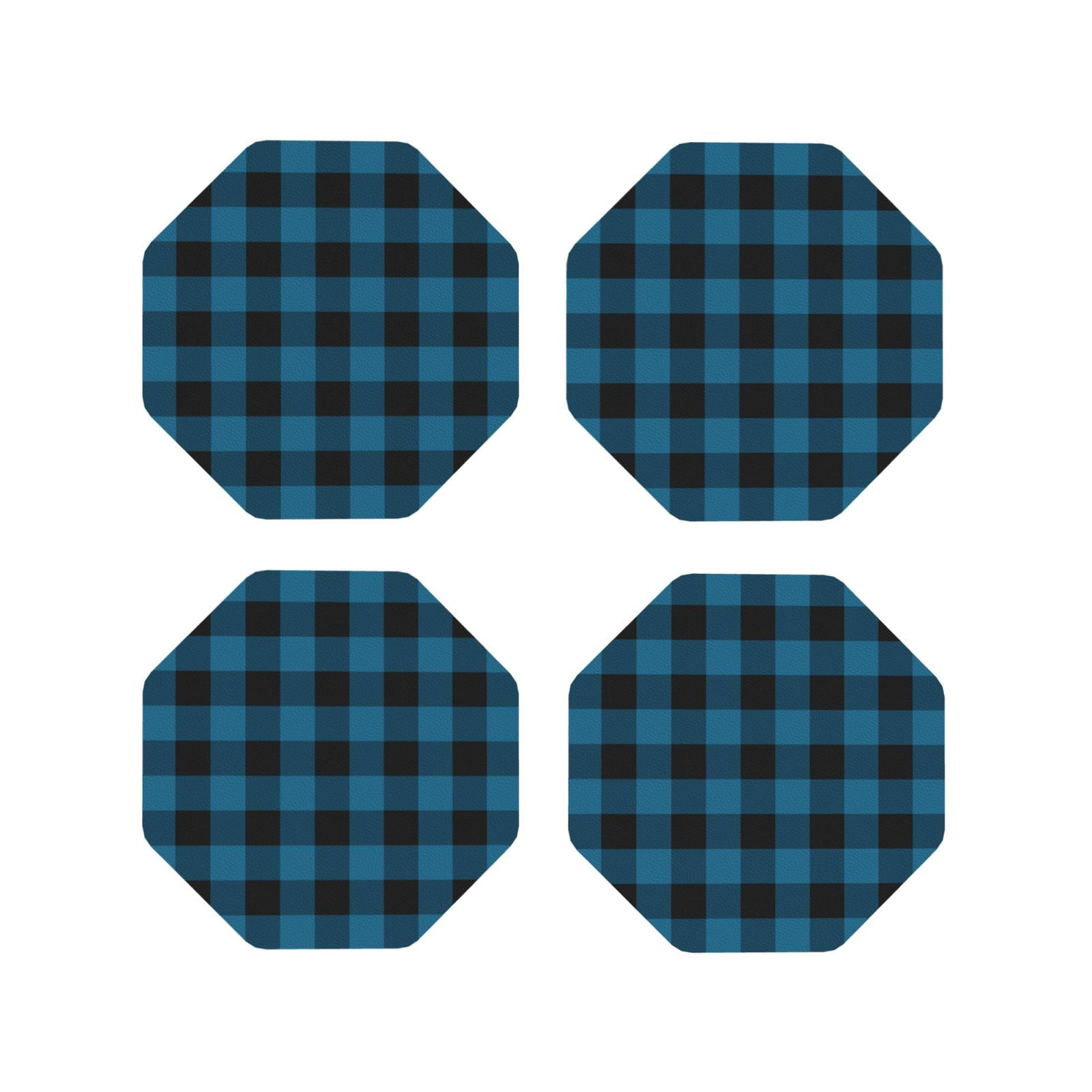 Zufioo Blue Black Plaid Print Leather Coaster Set, Decorative PVC ...