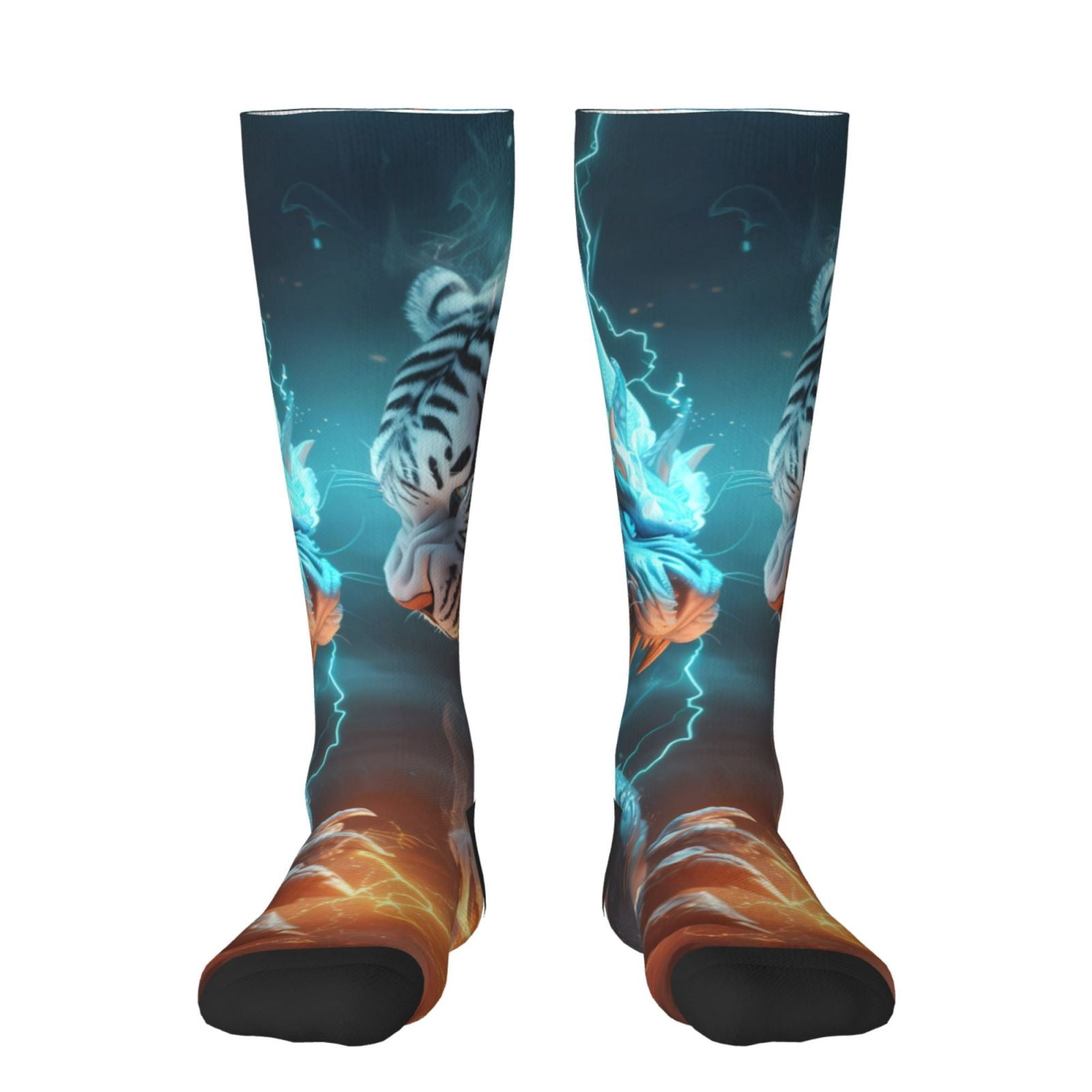 Zufioo Blue Dragon And White Tiger Print Long High Thigh Socks Knee ...