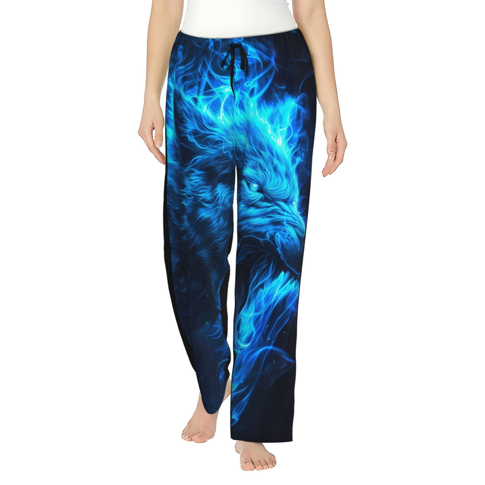 Zufioo Blue Fire Wolf Women Pajama Pants Drawstring Pajama Pants Wide ...