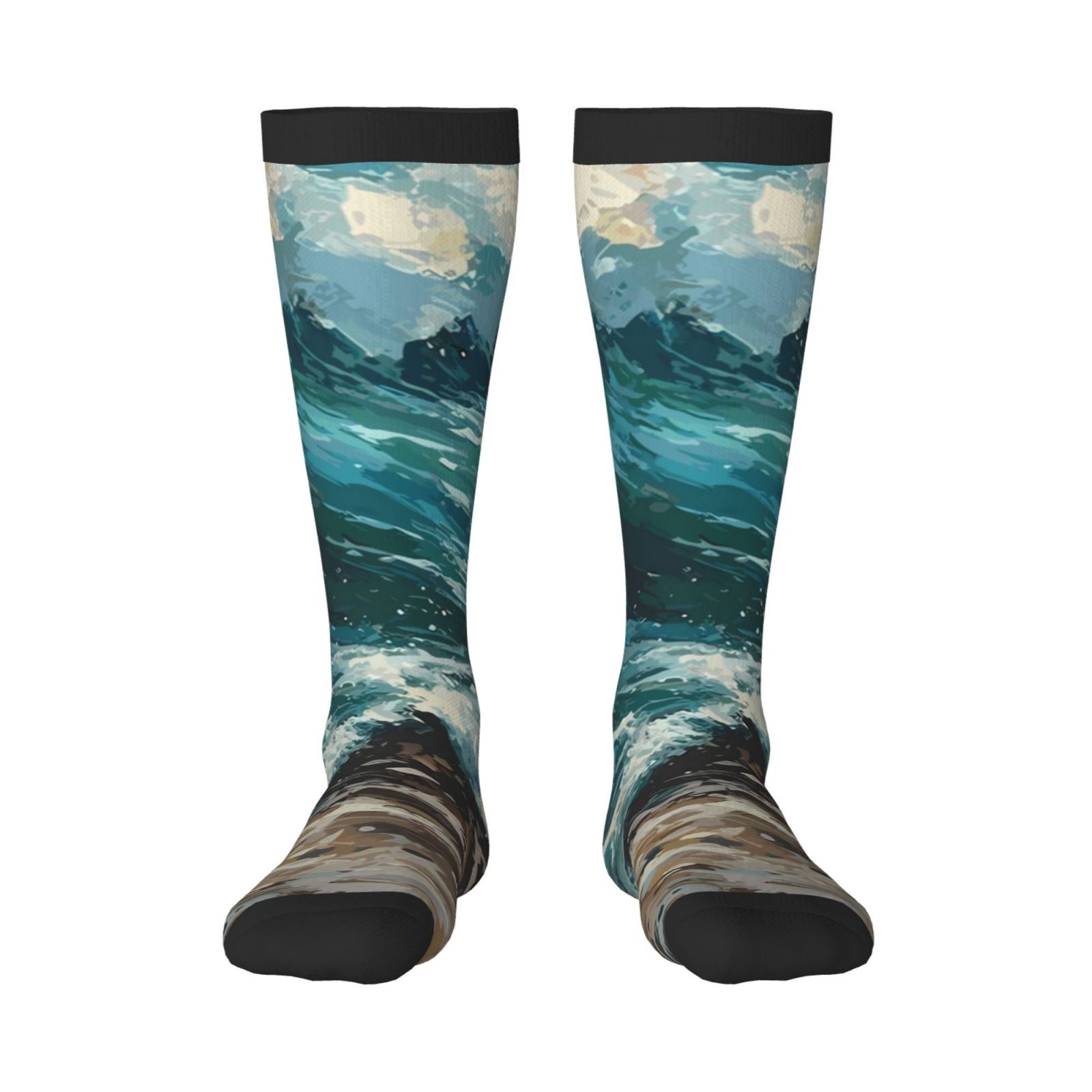 Zufioo Blue Ocean Waves Print Long High Thigh Socks Knee-High Warm Stocking Women Boot Sock Leg ...