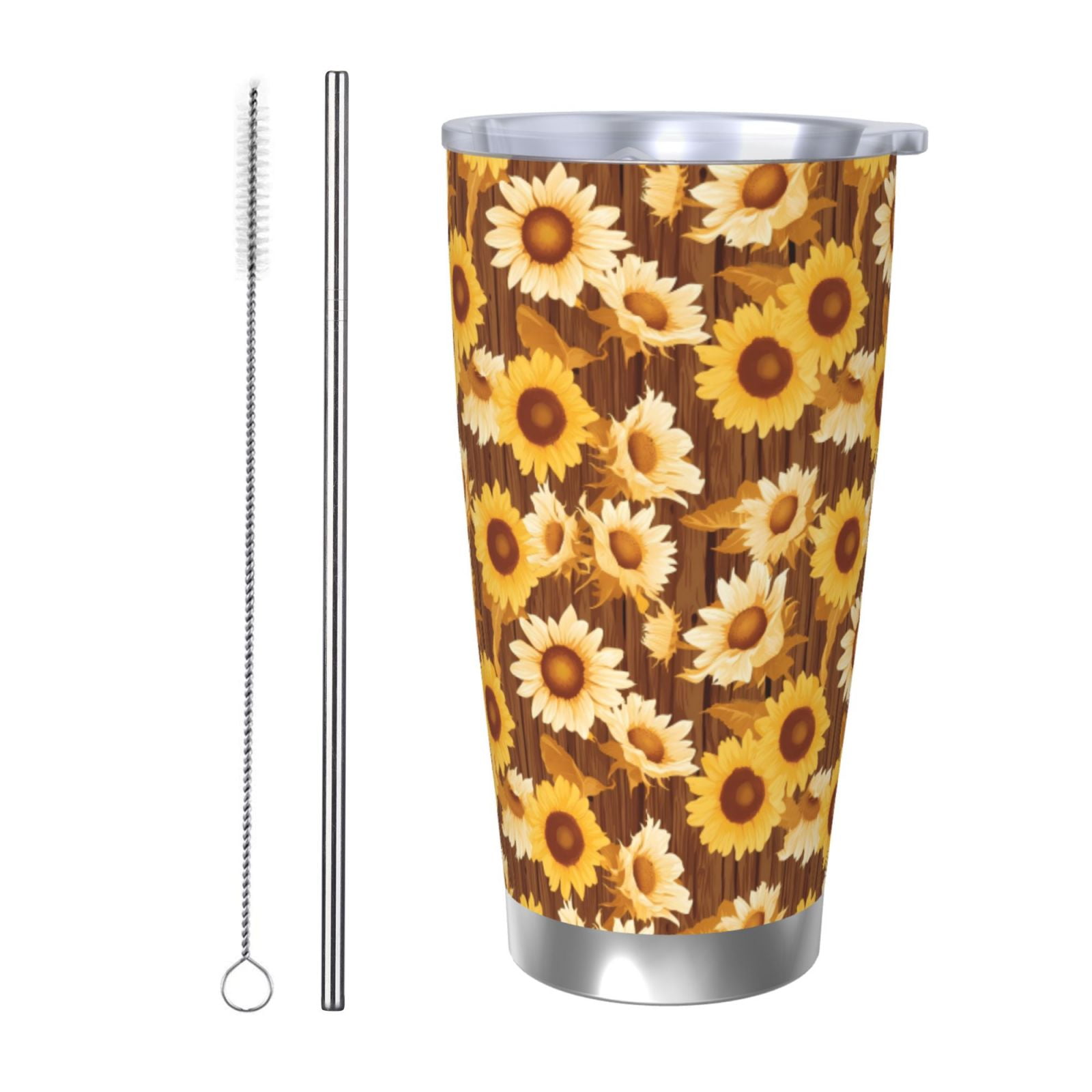 Zufioo Brown Wood Grain Sunflower B Print 20OZ Stainless Steel Car Cup ...