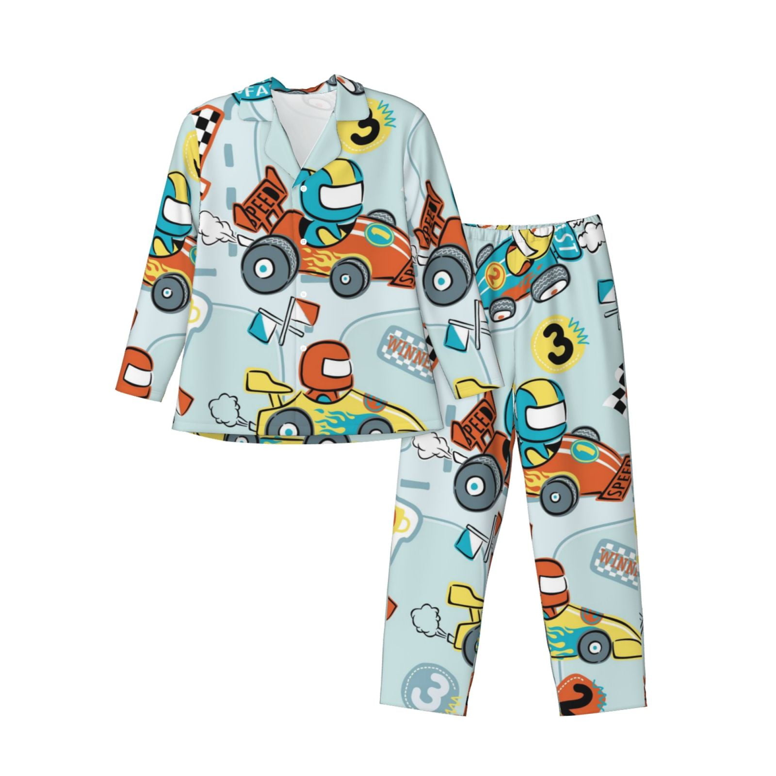 Zufioo Cartoon Car Racing Mens Pajamas Set, Mens Long-Sleeved Pajama ...