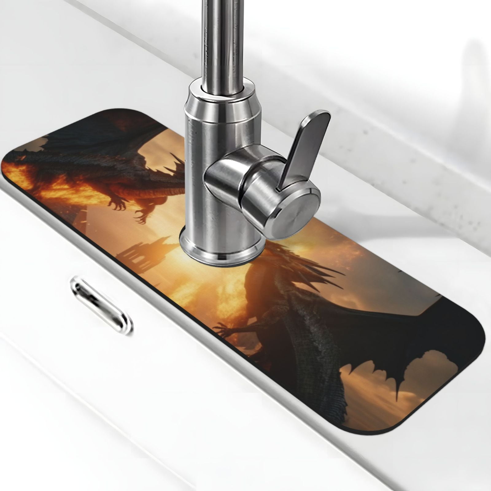 Zufioo Castle Cool Fire Dragon Kitchen Sink Splash Guard, Faucet Mat ...