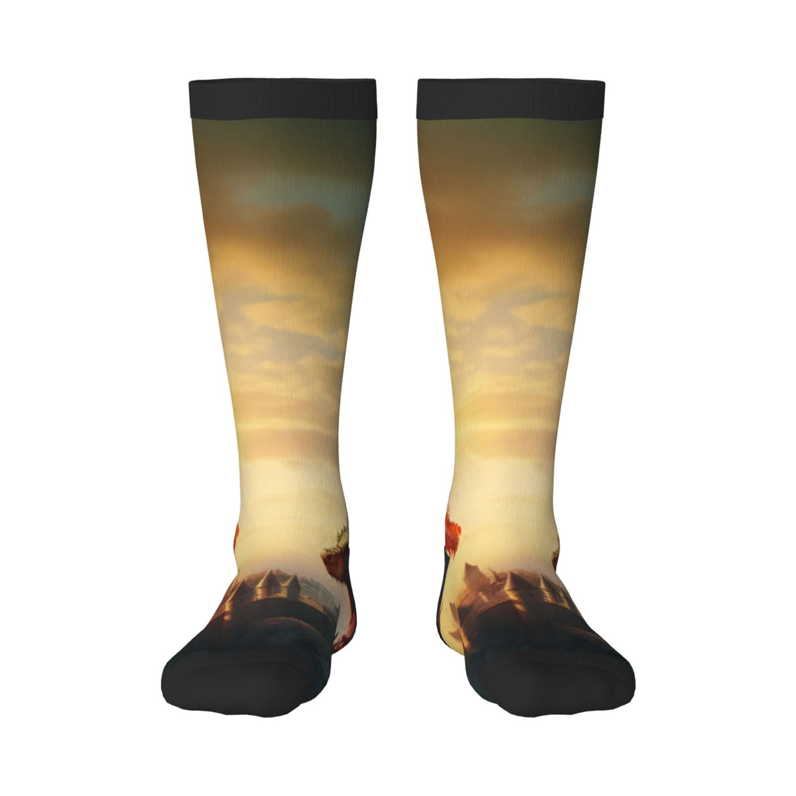 Zufioo Castle Red Green Sky Dragon Print Long High Thigh Socks Knee ...