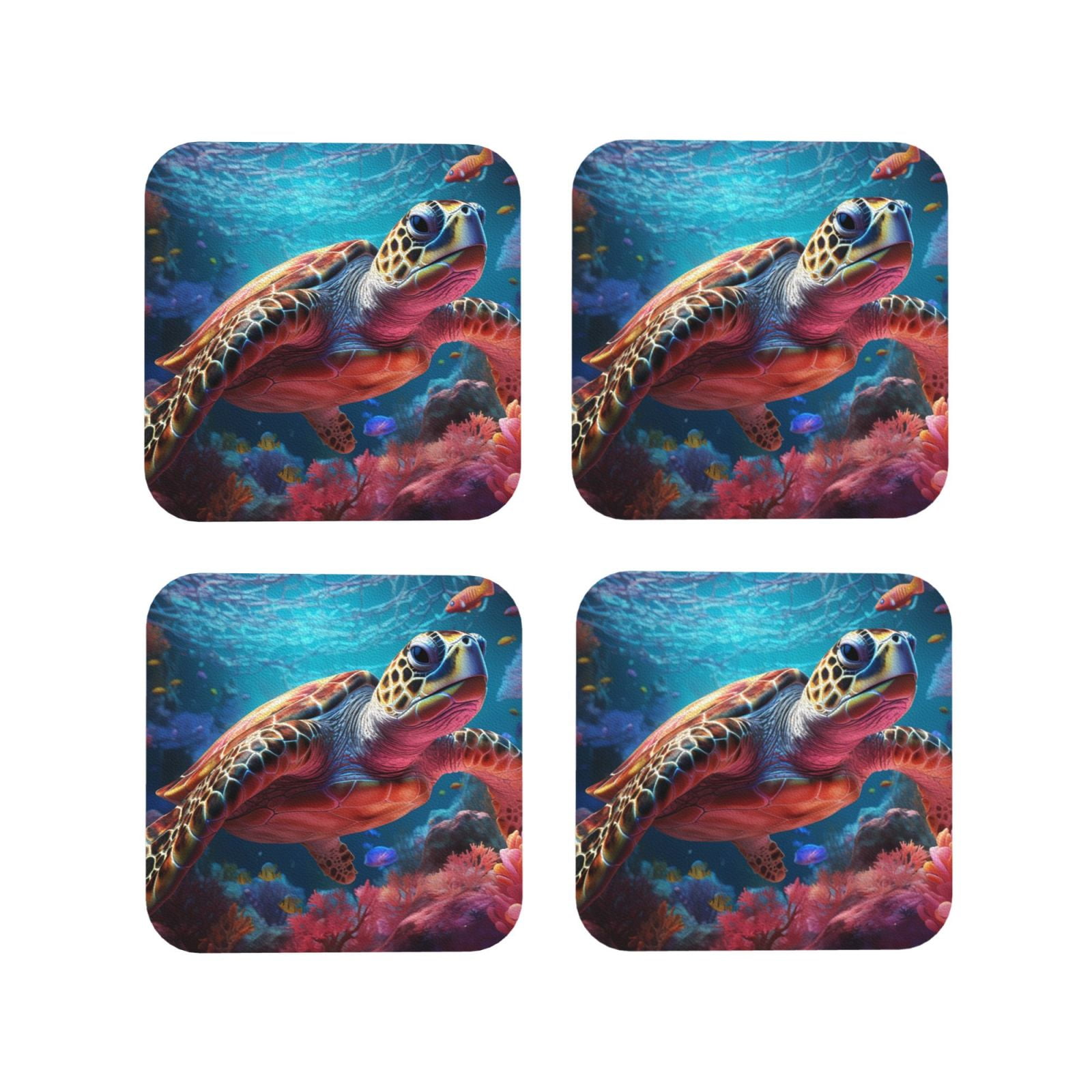 Zufioo Colorful Ocean Sea Turtle Print Leather Coaster Set, Decorative ...