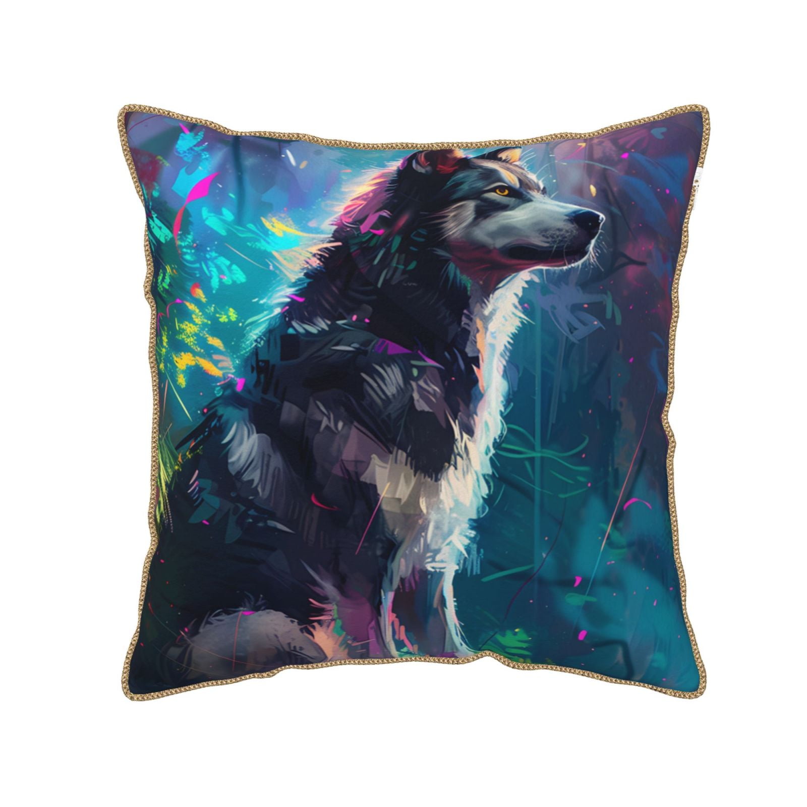 Zufioo Colorful Plant Wolf Print Velvet Border Throw Pillow Cover ...