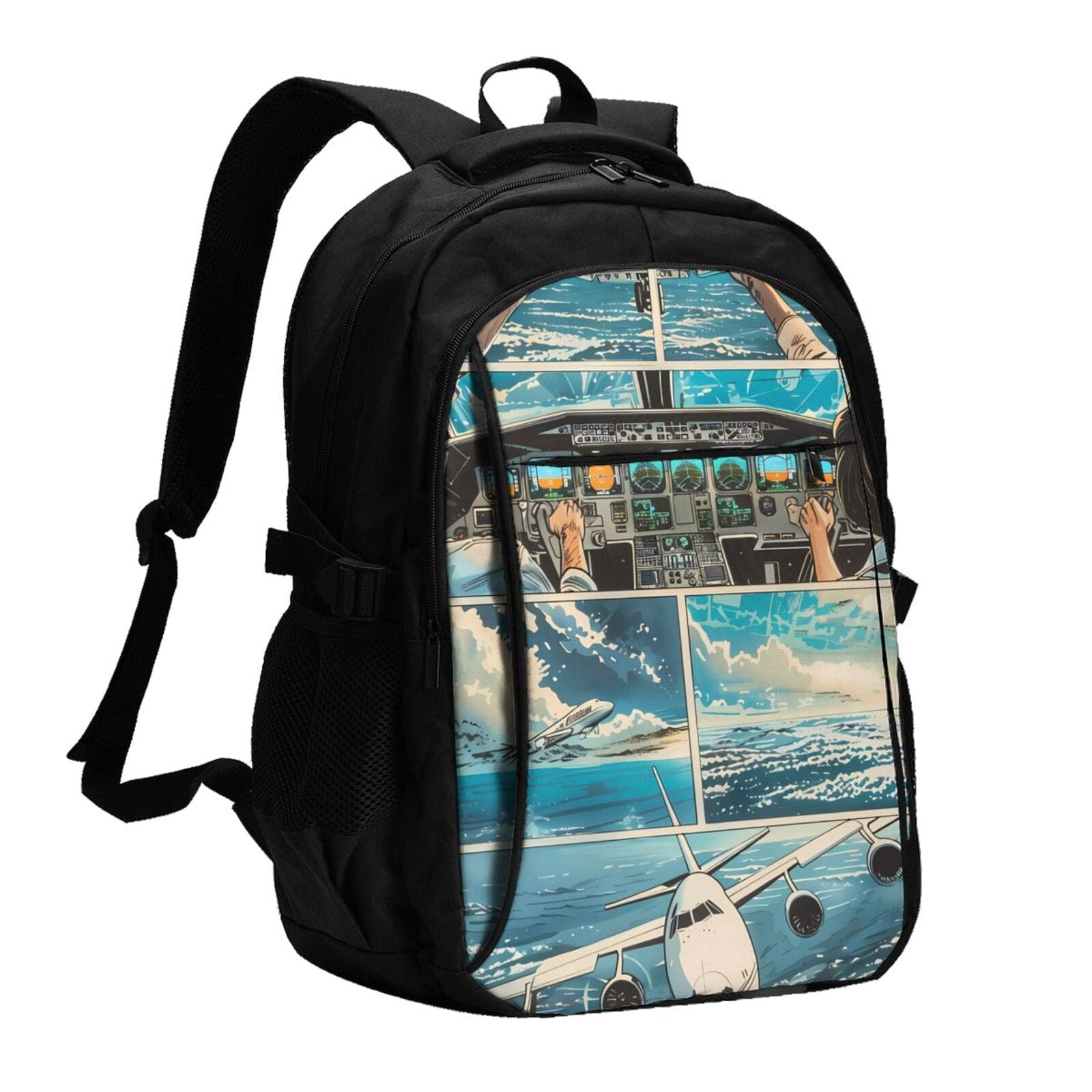 Zufioo Comic Airplane Cockpit Illustration Print USB Backpack, Multi ...