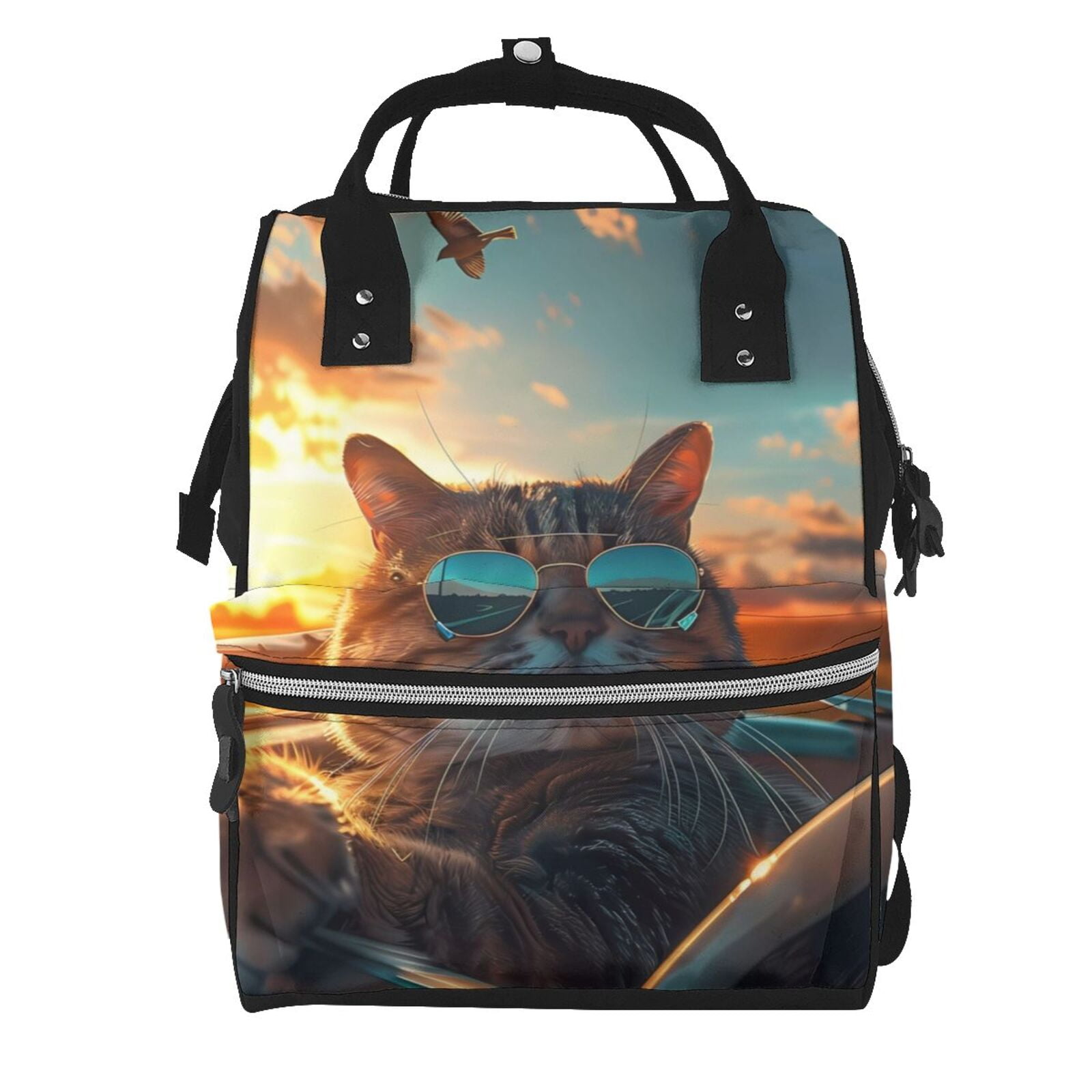 Zufioo Cool Cat Driving Sunset Print Large capacity mommy bag, diaper ...