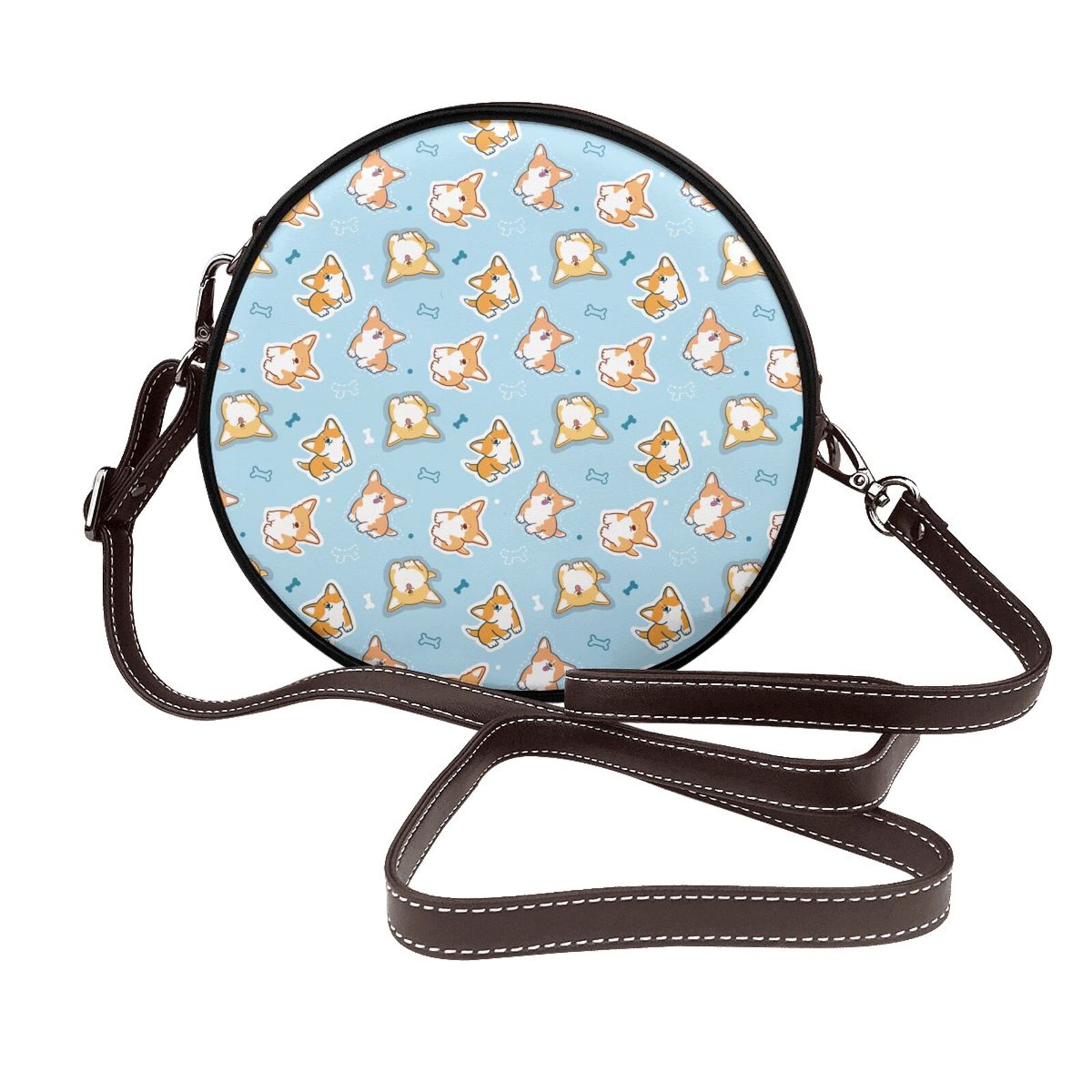 Zufioo Corgi Dog 1 Print Leather Shoulder Round Bag, Waterproof Leather ...