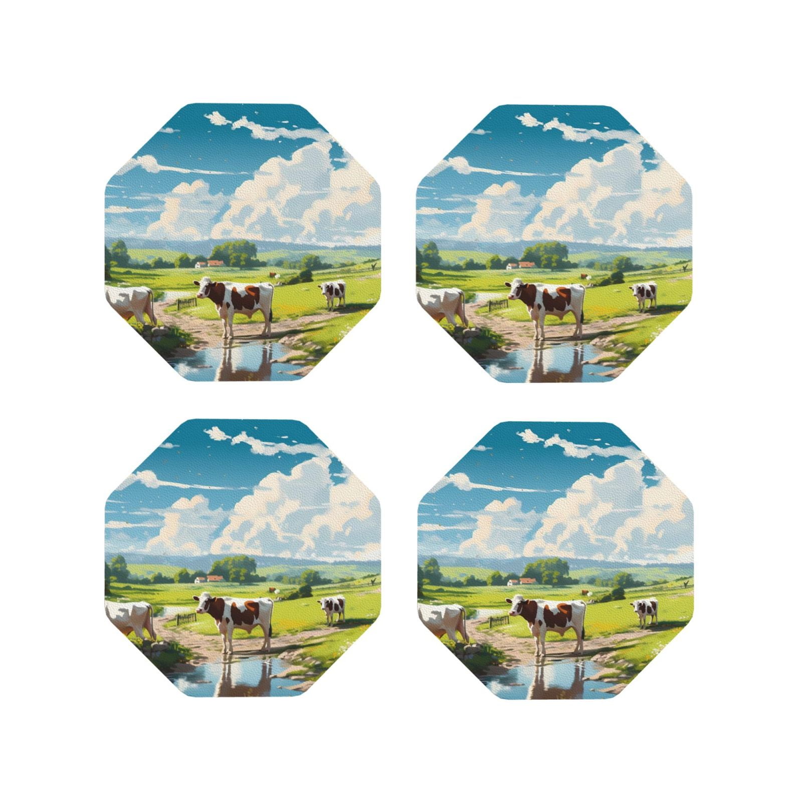 Zufioo Countryside Farm Cow Print Leather Coaster Set, Decorative PVC ...