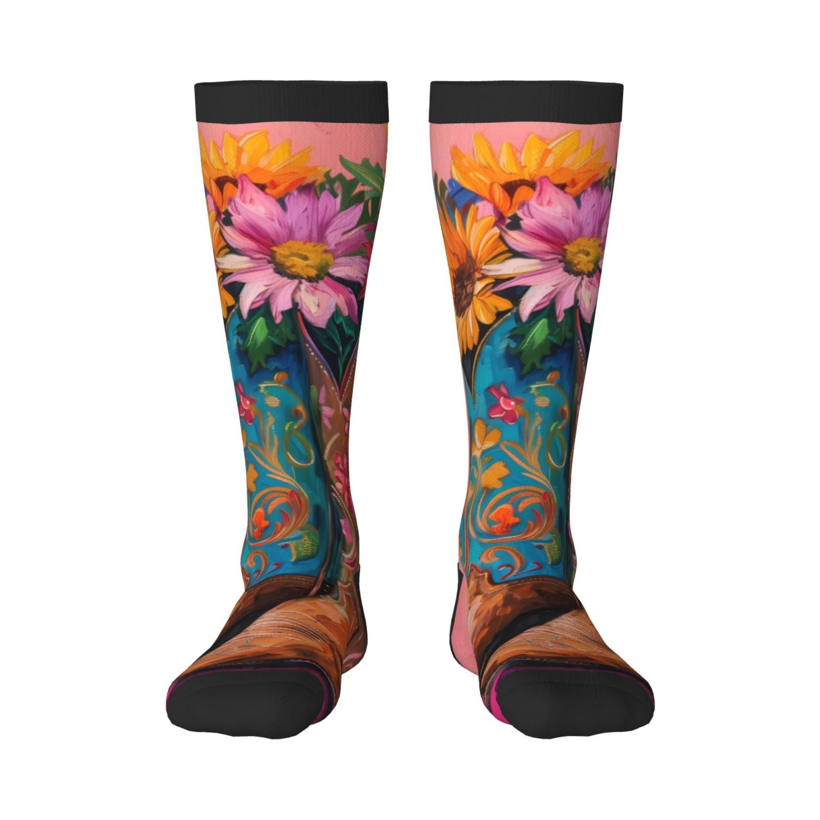 Zufioo Cowboy Boots With Flowers Print Long High Thigh Socks Knee-High ...