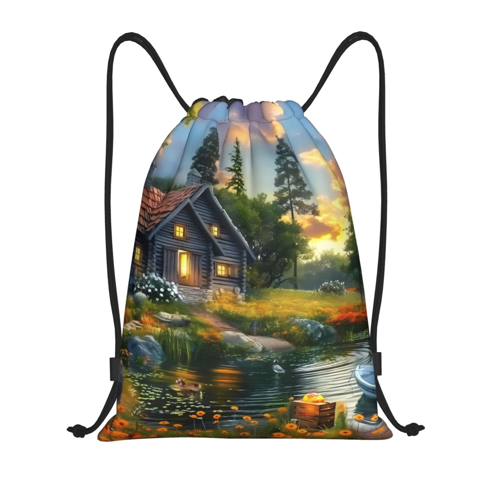 Zufioo Cozy Cottage Lakeside Sunset Sports Cinch Sack Gym String Bags ...