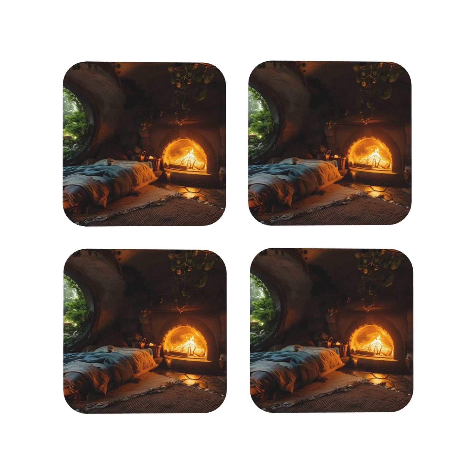 Zufioo Cozy Tree Hole Cabin Print Leather Coaster Set, Decorative PVC ...