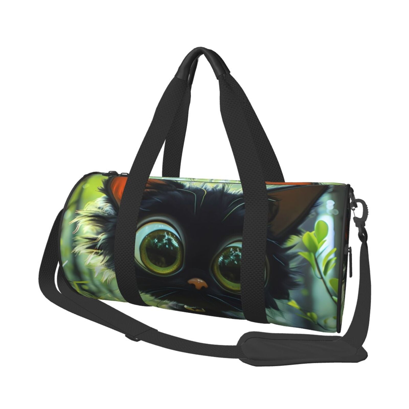Zufioo Cute Big-Eyed Black Cat Print Round Sports Travel Duffel Bag ...