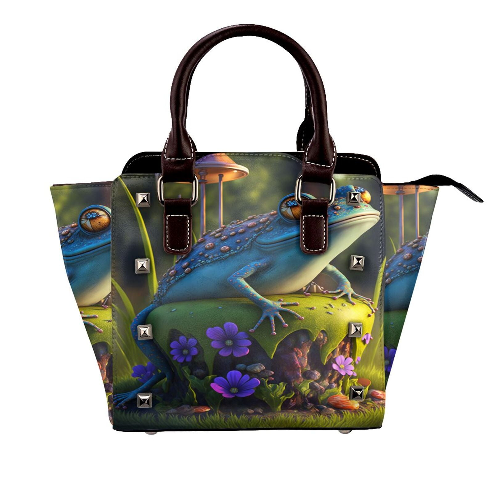 Zufioo Cute Blue Frog Print Leather Rivet Shoulder Bag, Microfiber PU ...