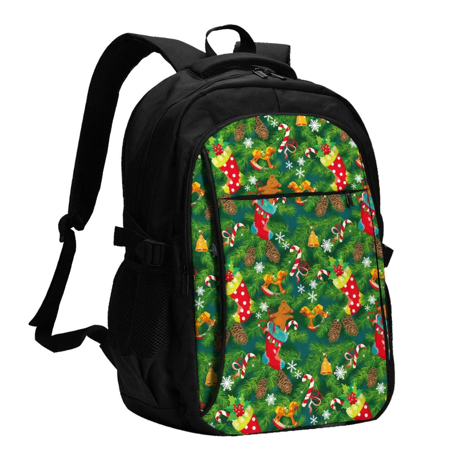 Zufioo Cute Christmas Stocking Bear Print USB Backpack, Multi-Pocket ...