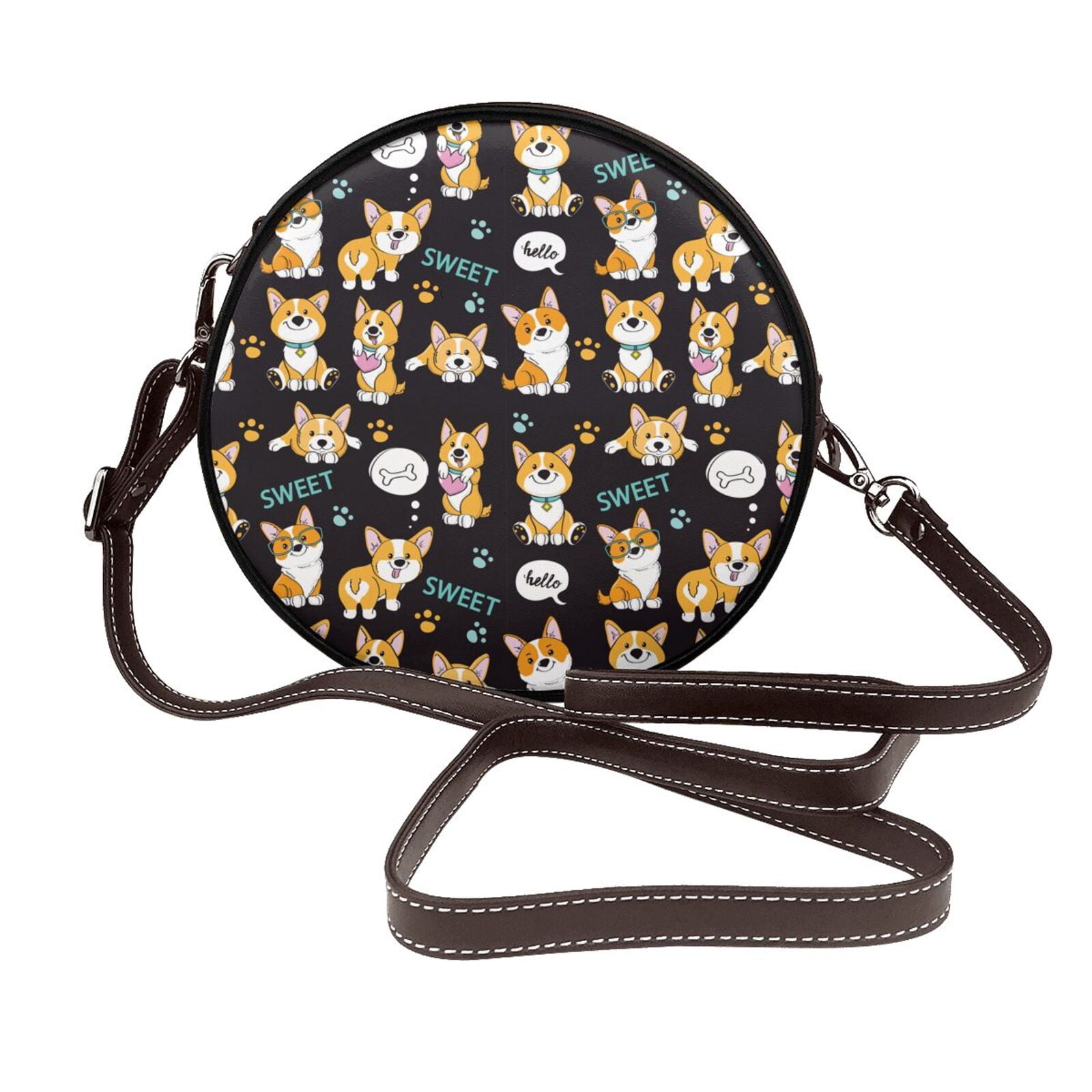 Zufioo Cute Dogs Corgi Print Leather Shoulder Round Bag, Waterproof ...