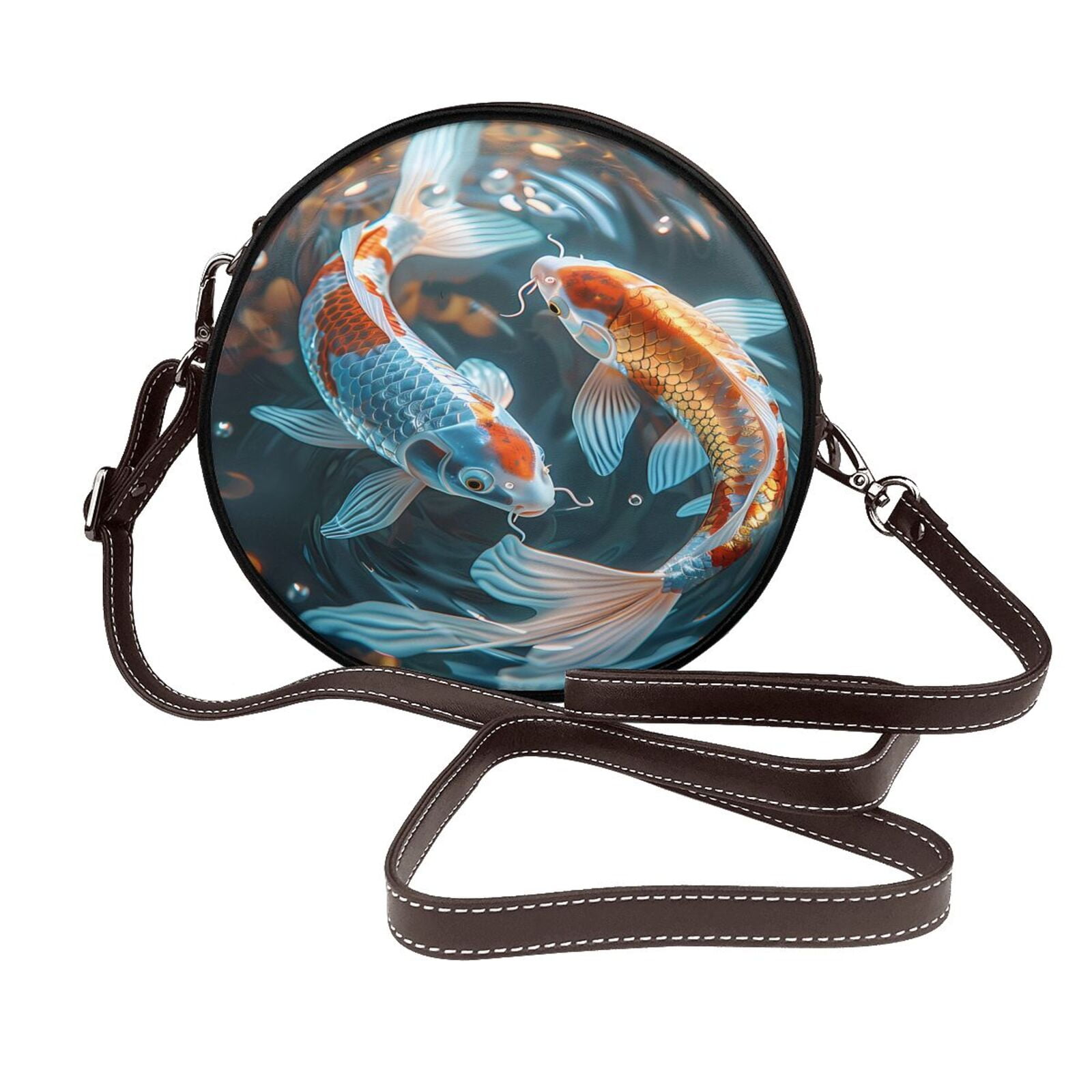 Zufioo Cute Koi Fish Serenity Print Leather Shoulder Round Bag, Waterproof Leather Crossbody Bag ...