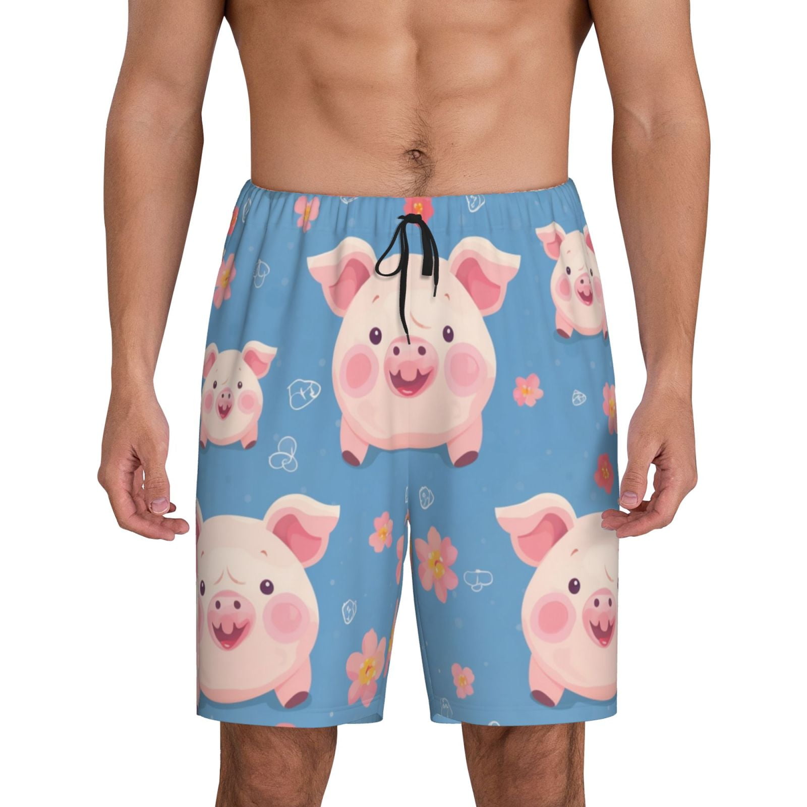 Zufioo Cute Pig Flowers Print Men's Short Pajamas, Home Wear Pocket ...