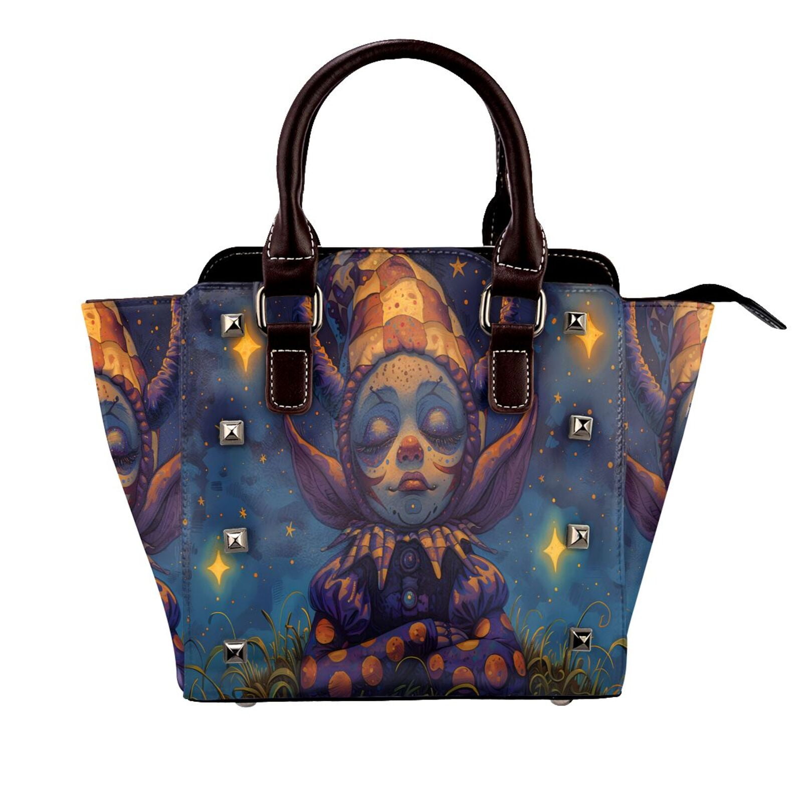Zufioo Dreamy Jester Under Stars Print Leather Rivet Shoulder Bag ...