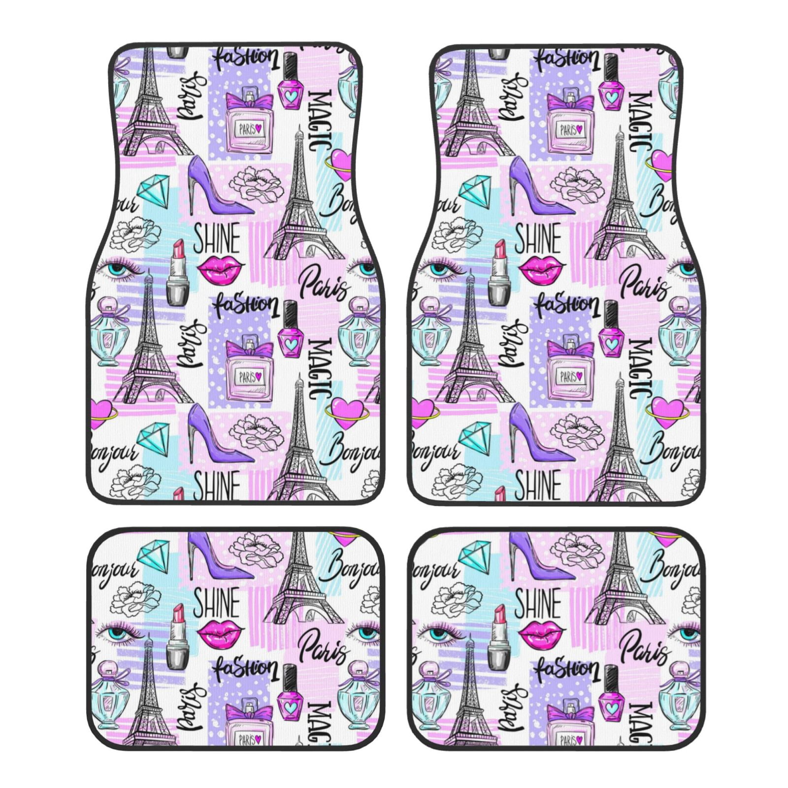 Zufioo Eiffel Tower and Hearts Print Car Floor Mats Four-piece Set, Car ...