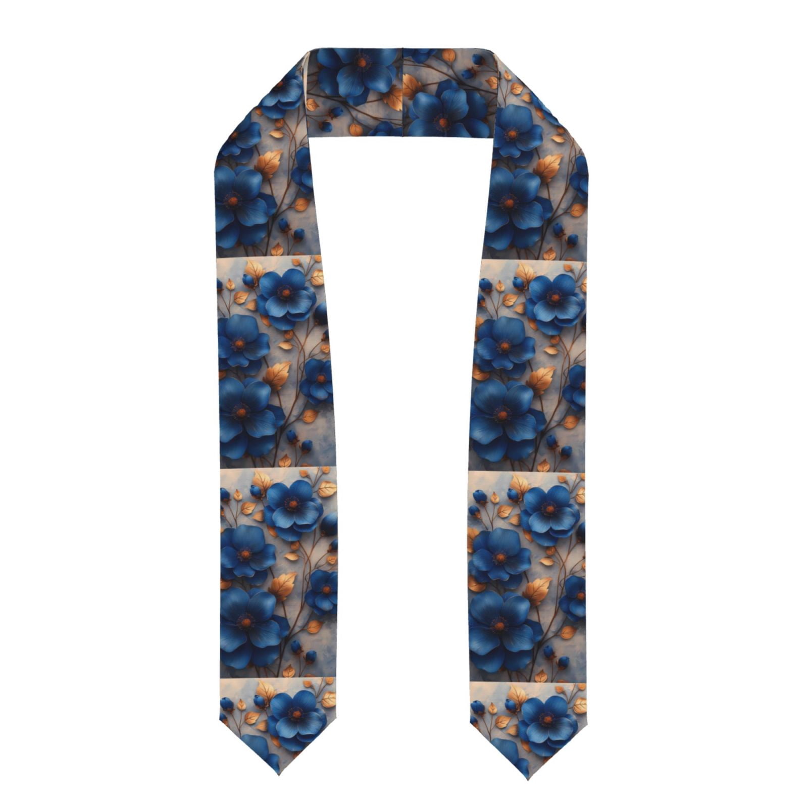 Zufioo Elegant Blue Gold Blooms Print Graduation Shawl Ribbon ...