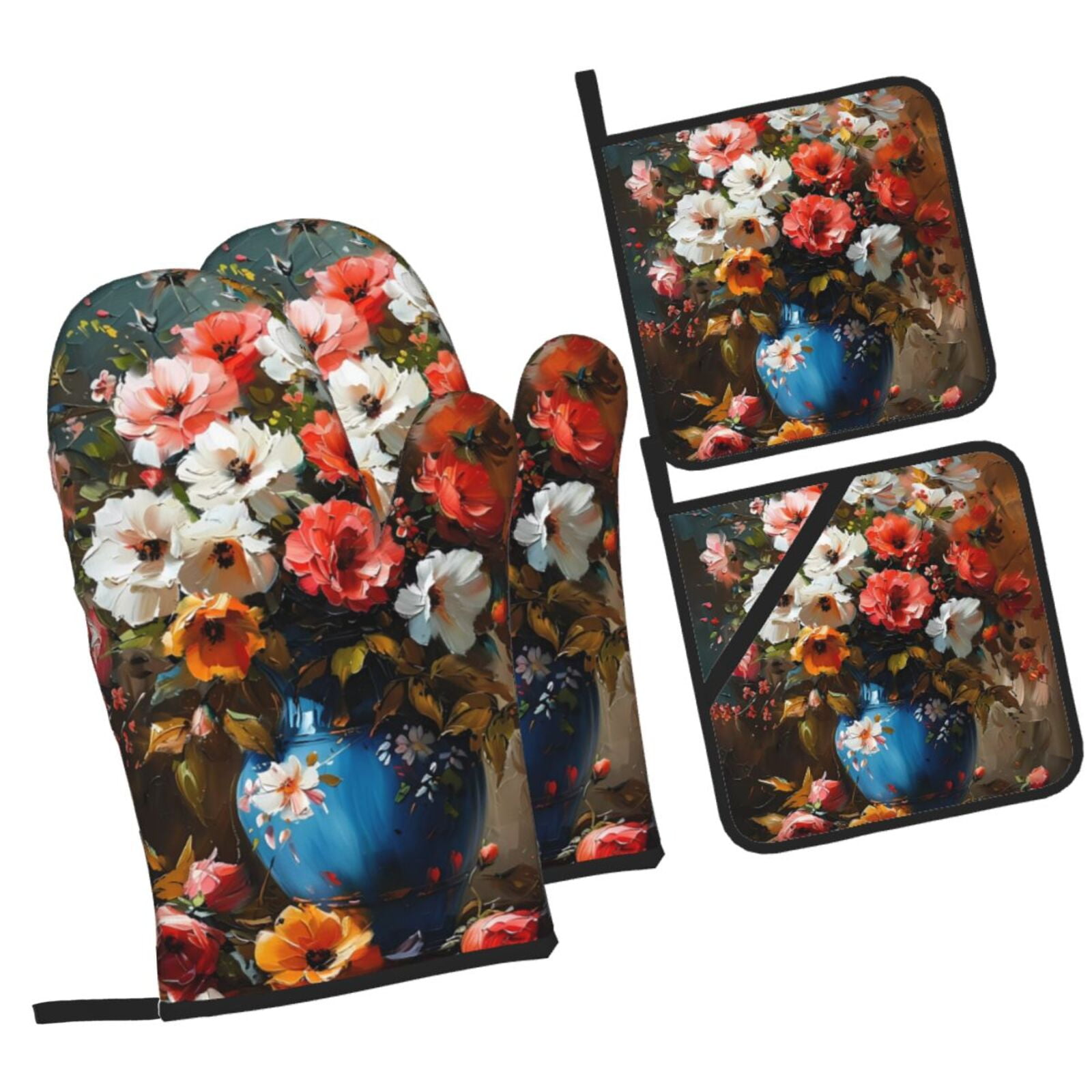 Zufioo Elegant Floral Vase Painting Oven Mitts and Pot Holders 4pcs Set ...