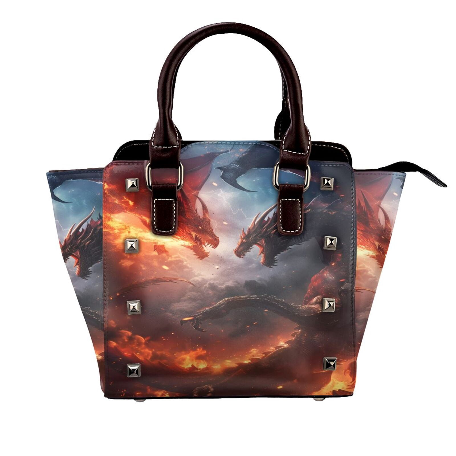 Zufioo Fire Sky Dragon Print Leather Rivet Shoulder Bag, Microfiber PU ...