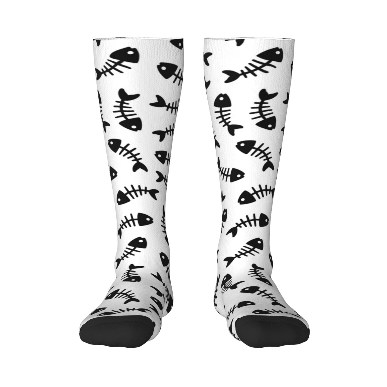 Zufioo Fish Bone Print Long High Thigh Socks Knee-High Warm Stocking ...