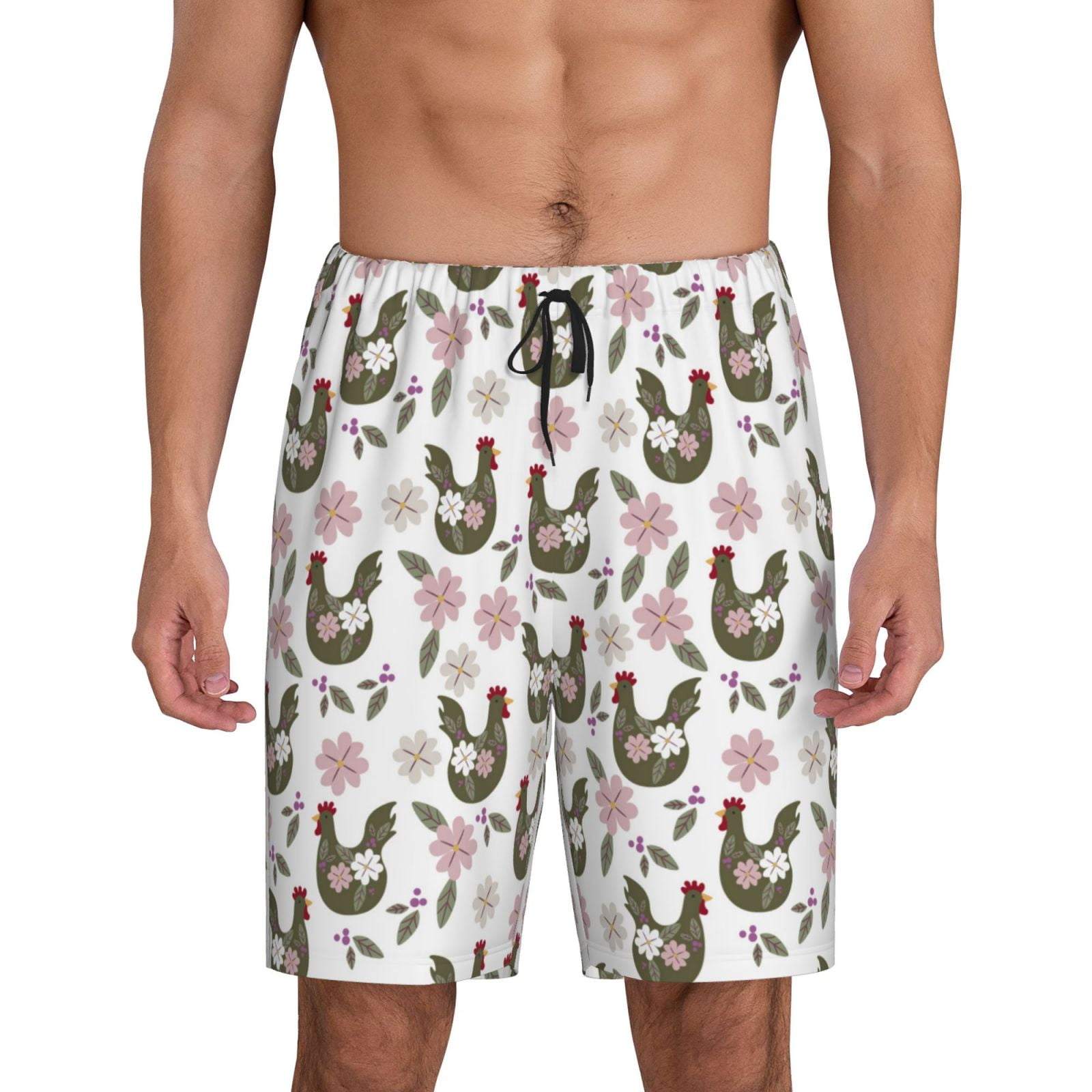 Zufioo Flowe Rooster Print Men's Short Pajamas, Home Wear Pocket Summer ...