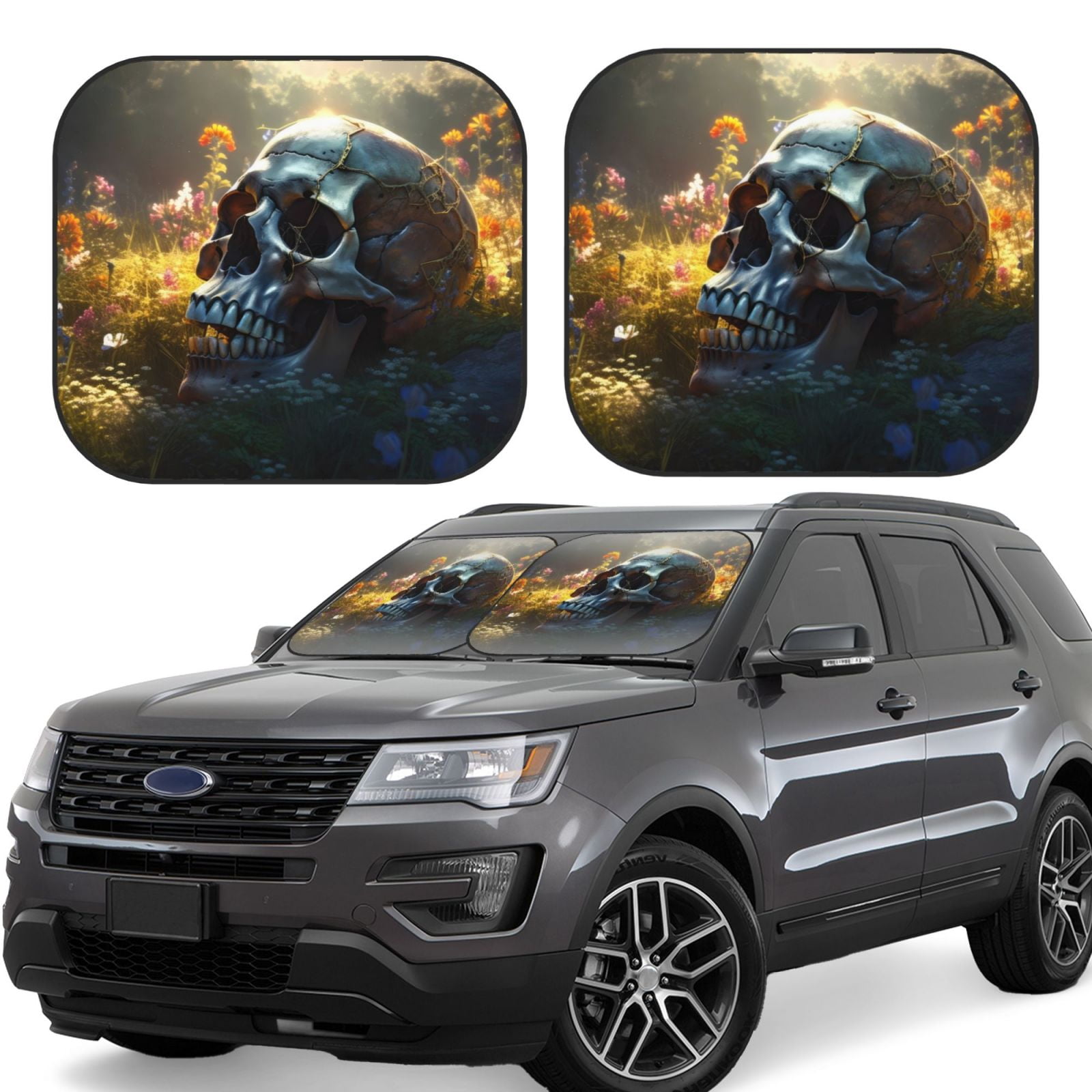 Zufioo Flower Field Skull Print Folding Car Windshield Sun Visor, Anti ...