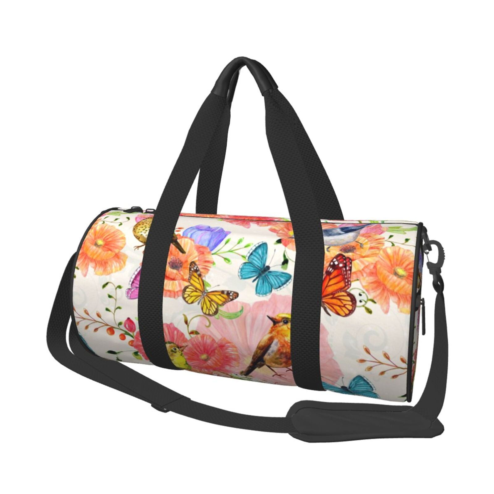 Zufioo Flowers And Birds Watercolor Print Round Sports Travel Duffel Bag, Airplane Weekender Bag ...