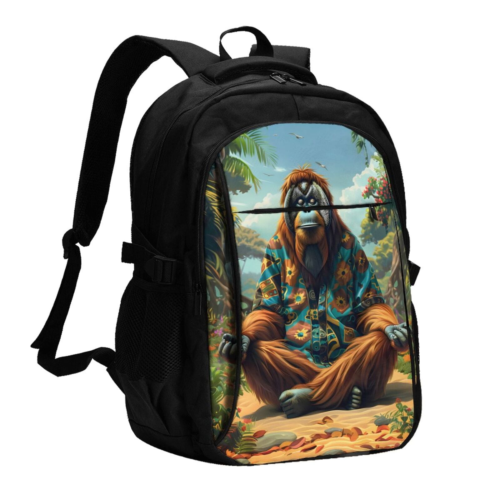 Zufioo Forest Meditating Gorilla Print USB Backpack, Multi-Pocket ...