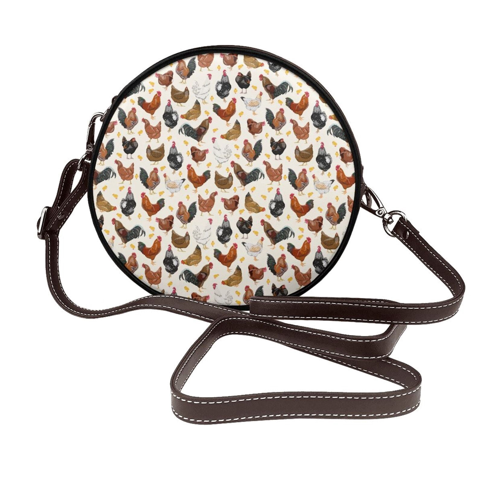 Zufioo Funny Chicken Print Leather Shoulder Round Bag, Waterproof ...