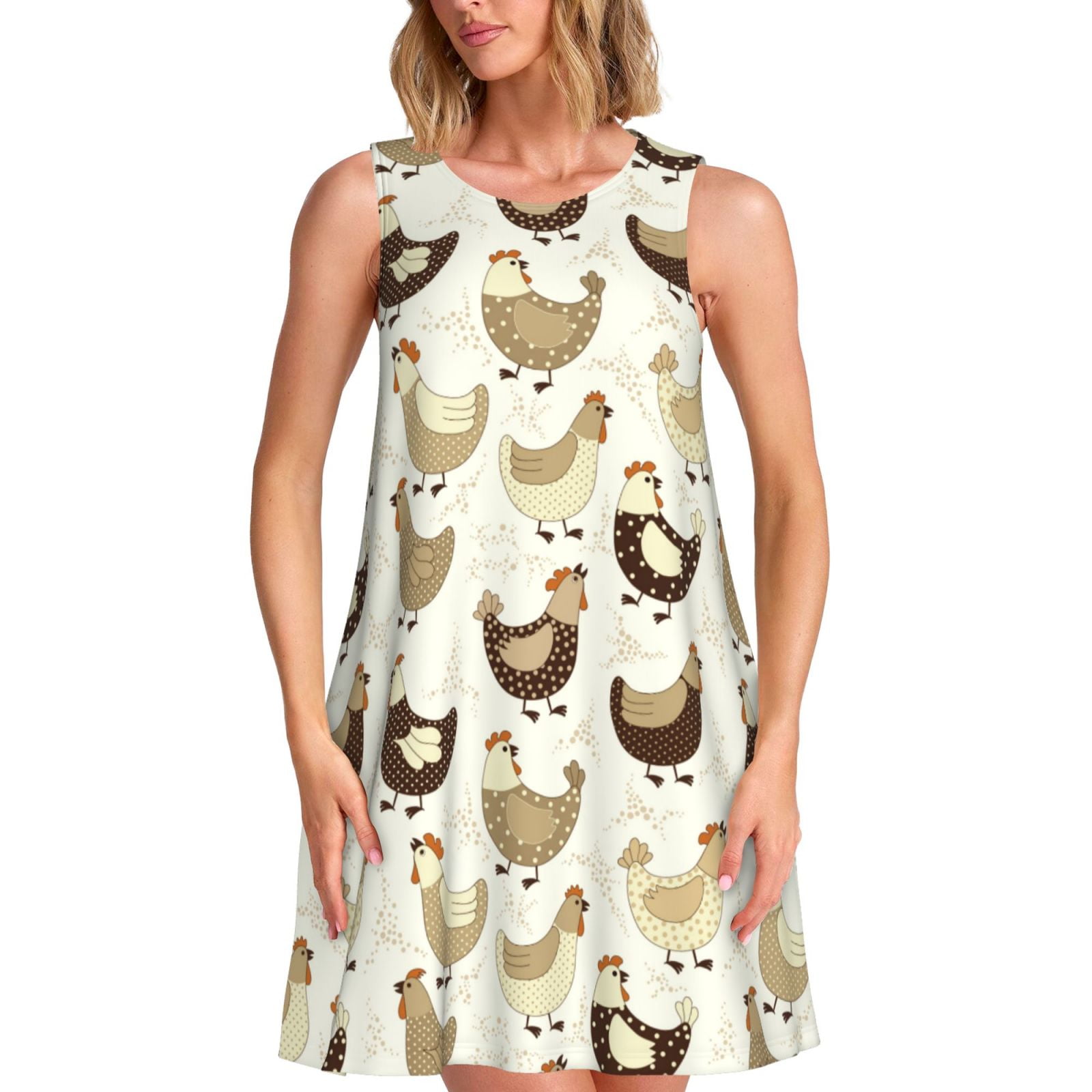 Zufioo Funny Chicken Print Women's Dress, Round Neck Long Sleeveless ...